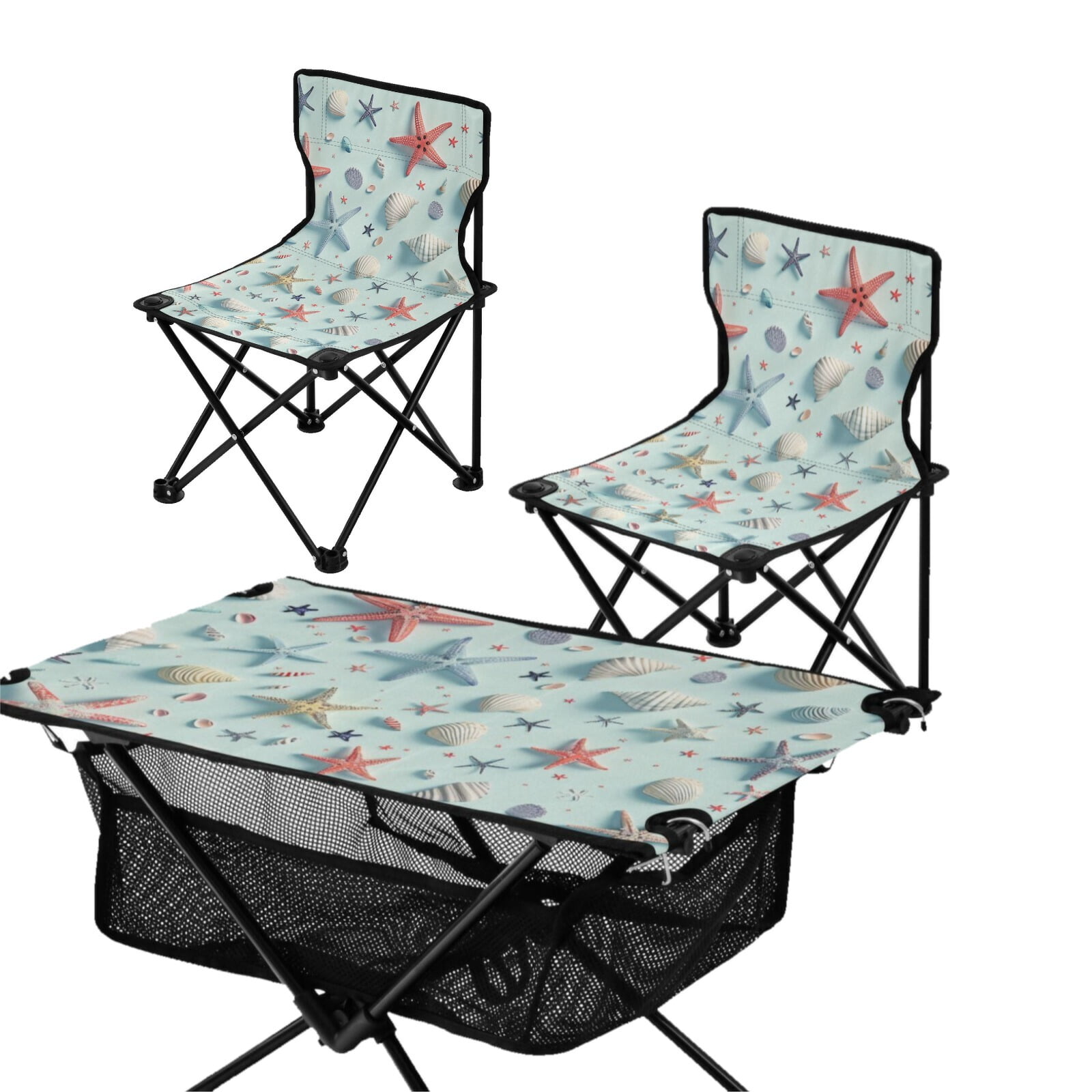 Starfish Shells Blue Camping Folding Table and Chair Set, 2pcs Fold Up ...