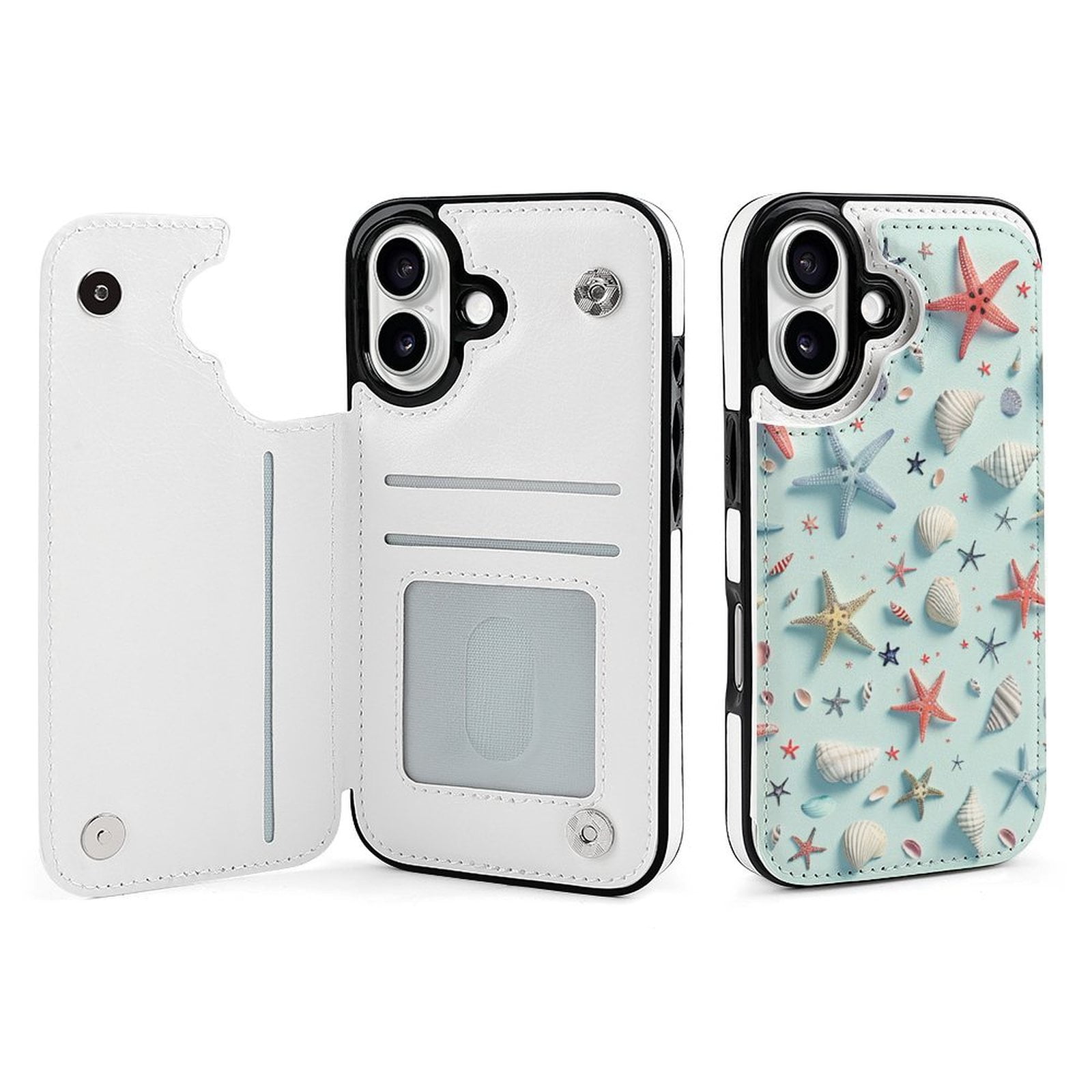 Starfish Shells Blue Leather Wallet Case for iPhone 16 15 14 13 12 11 ...