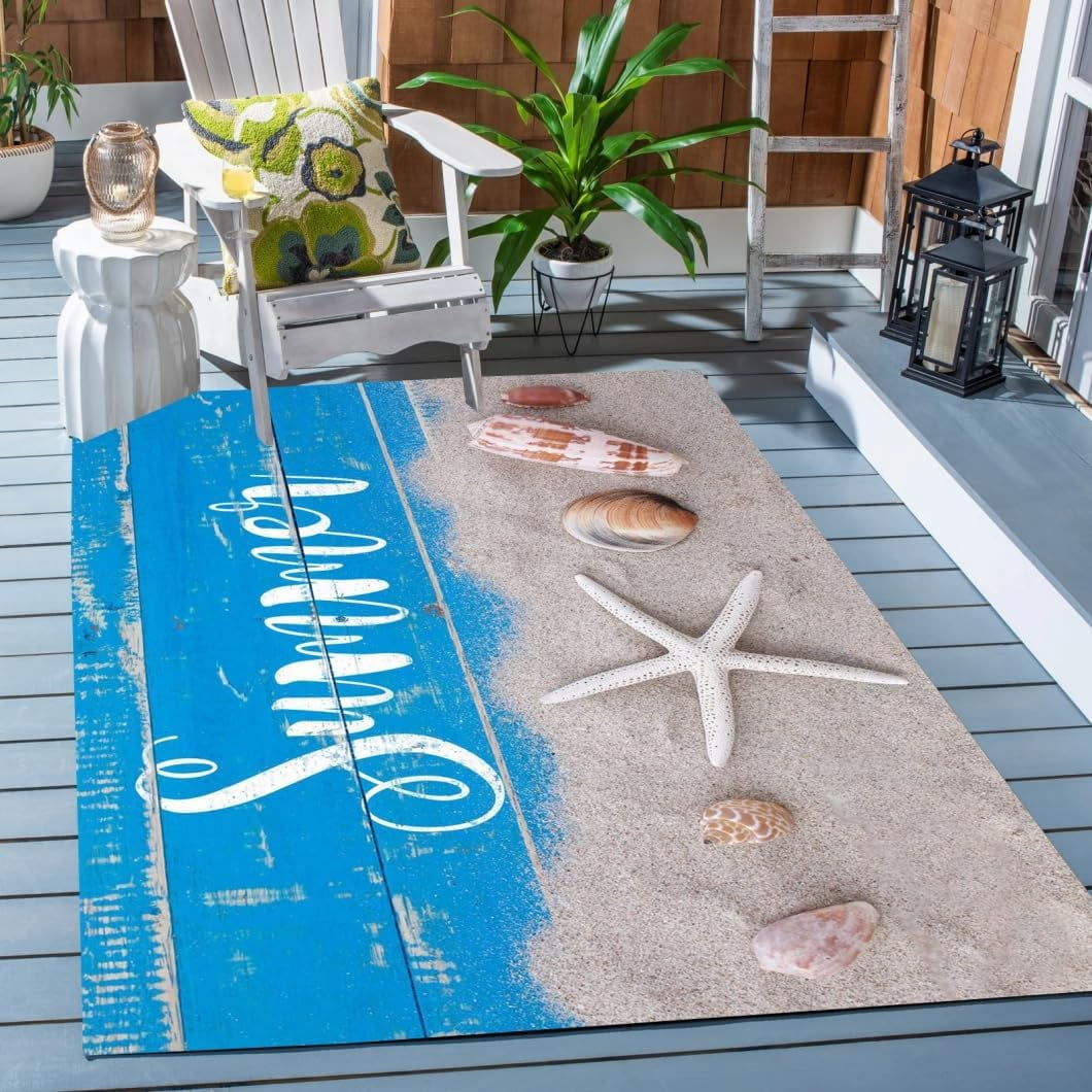 Starfish Shells Blue Wood Texture Coastal Area Rug 3' x 5' Modern Cute ...