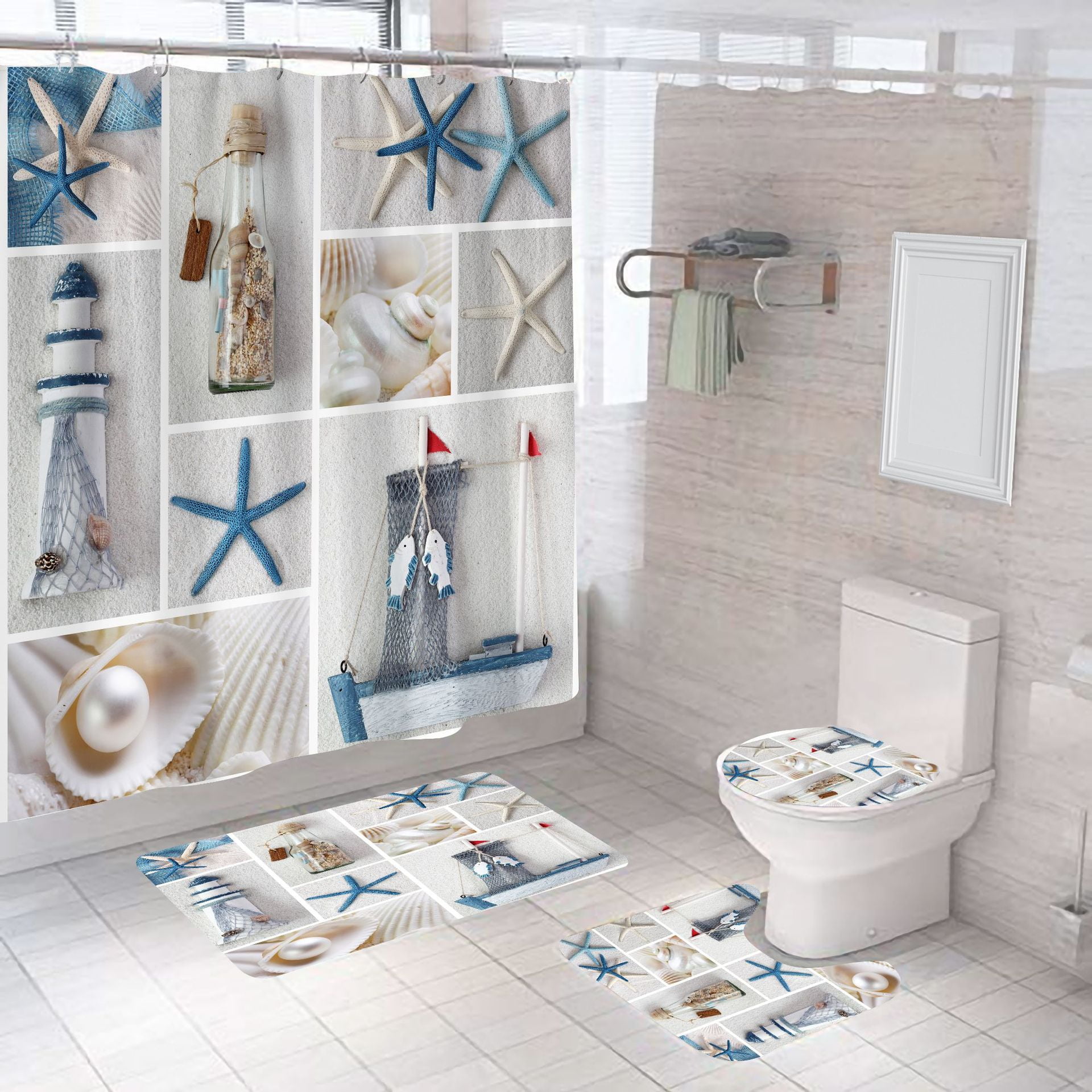 Starfish Shower Curtain, Seacoast with Sand with Colorful Various ...