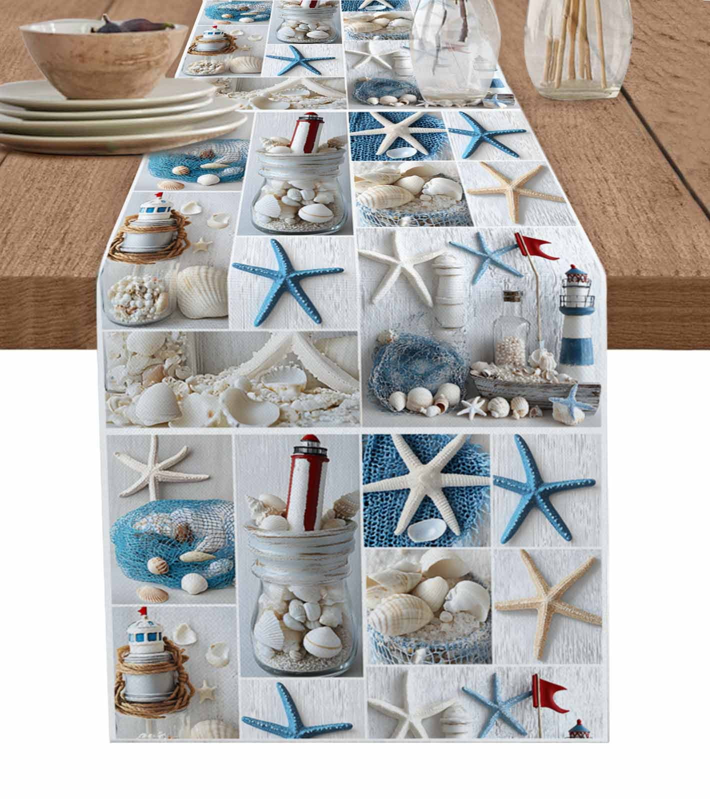 Starfish Table Runner Ocean Shell Coastal Nautical Flag Light-house ...