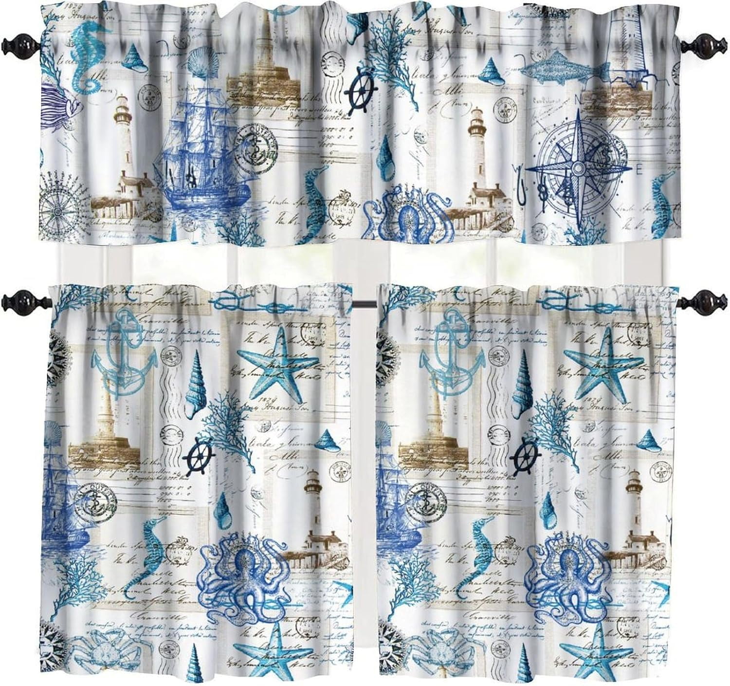 Starfish Theme Kitchen Curtain Valance and Tiers Set 3Pcs Seashell ...