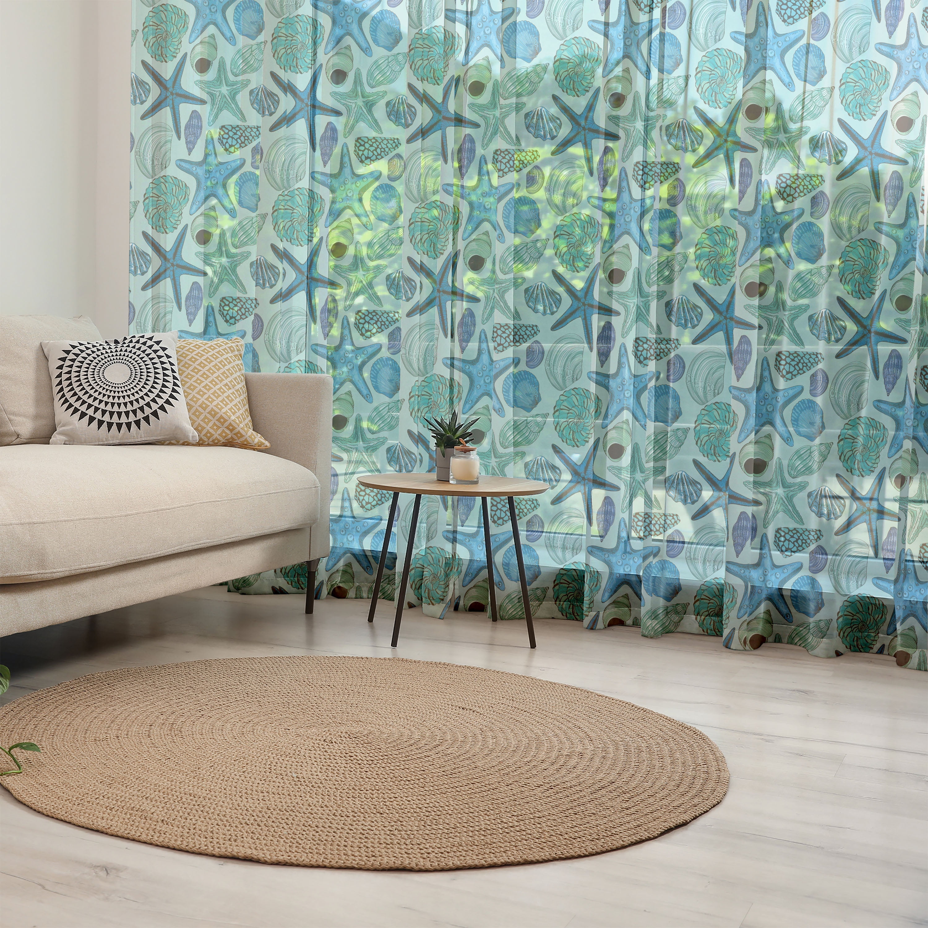 Starfish Tulle Curtains with Rod Pocket, Aquarium Inspired Composition ...