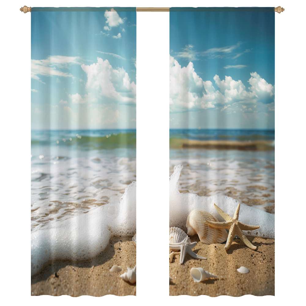 Starfish Waves Beach Sheer Voile Curtain Window Tulle Curtains For ...