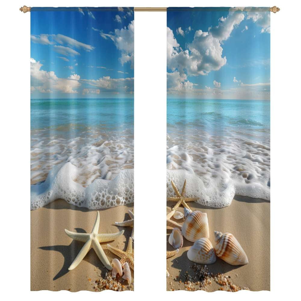Starfish Waves Beach Tulle Curtains For Living Room Chiffon Sheer Voile ...