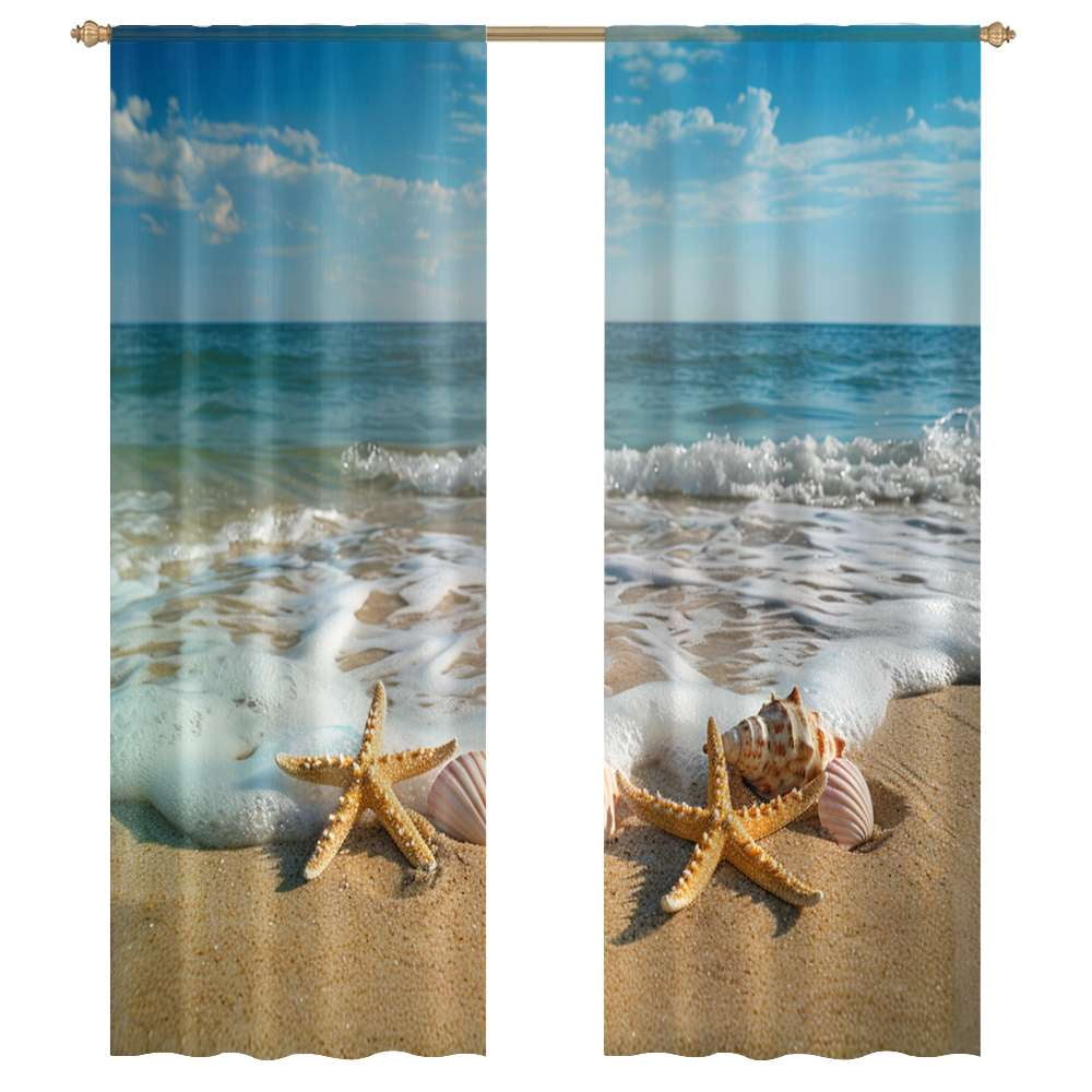 Starfish Waves Beach Tulle Curtains For Living Room Chiffon Sheer Voile ...