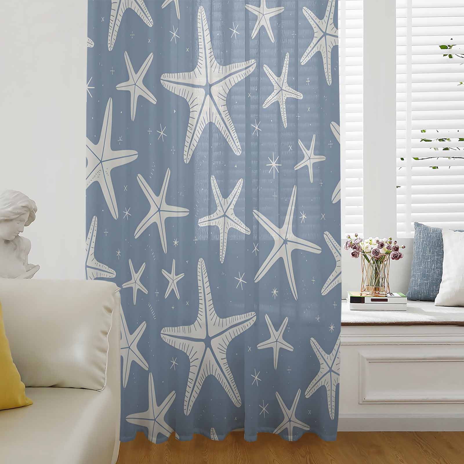 Starfish Window Curtain 84 Inches Long,Blue Ocean Coastal Marine Life Watercolor Semi Sheer Rod ...