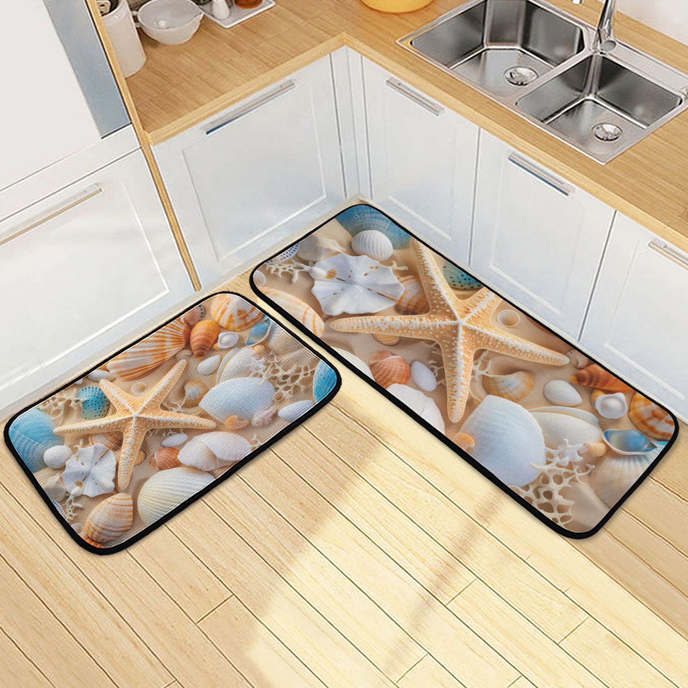 Starfish and Seashells Kitchen Mats Set 2 Piece Non Slip Floor Foam ...