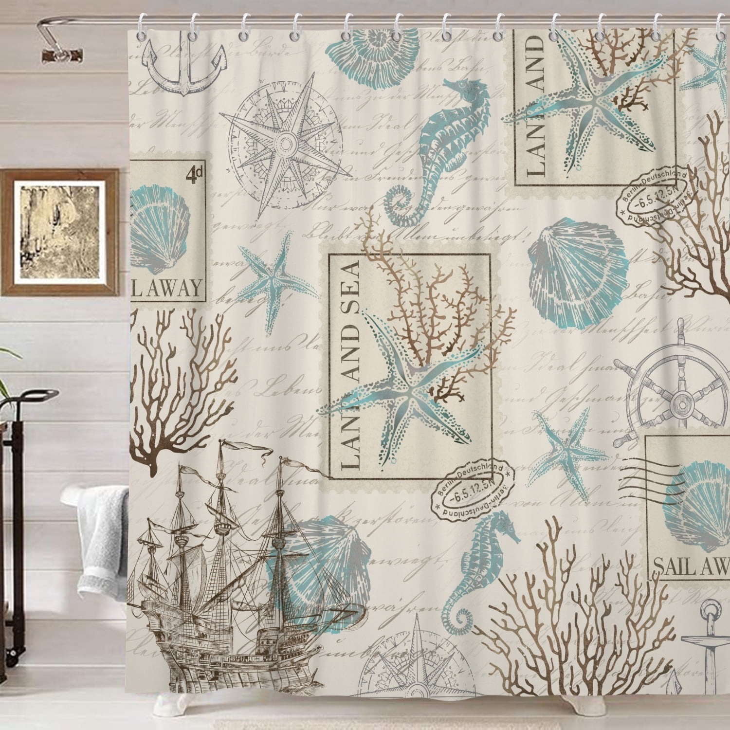 Nautical Beach Coastal Shower Curtain for Bathroom, Starfish and ...