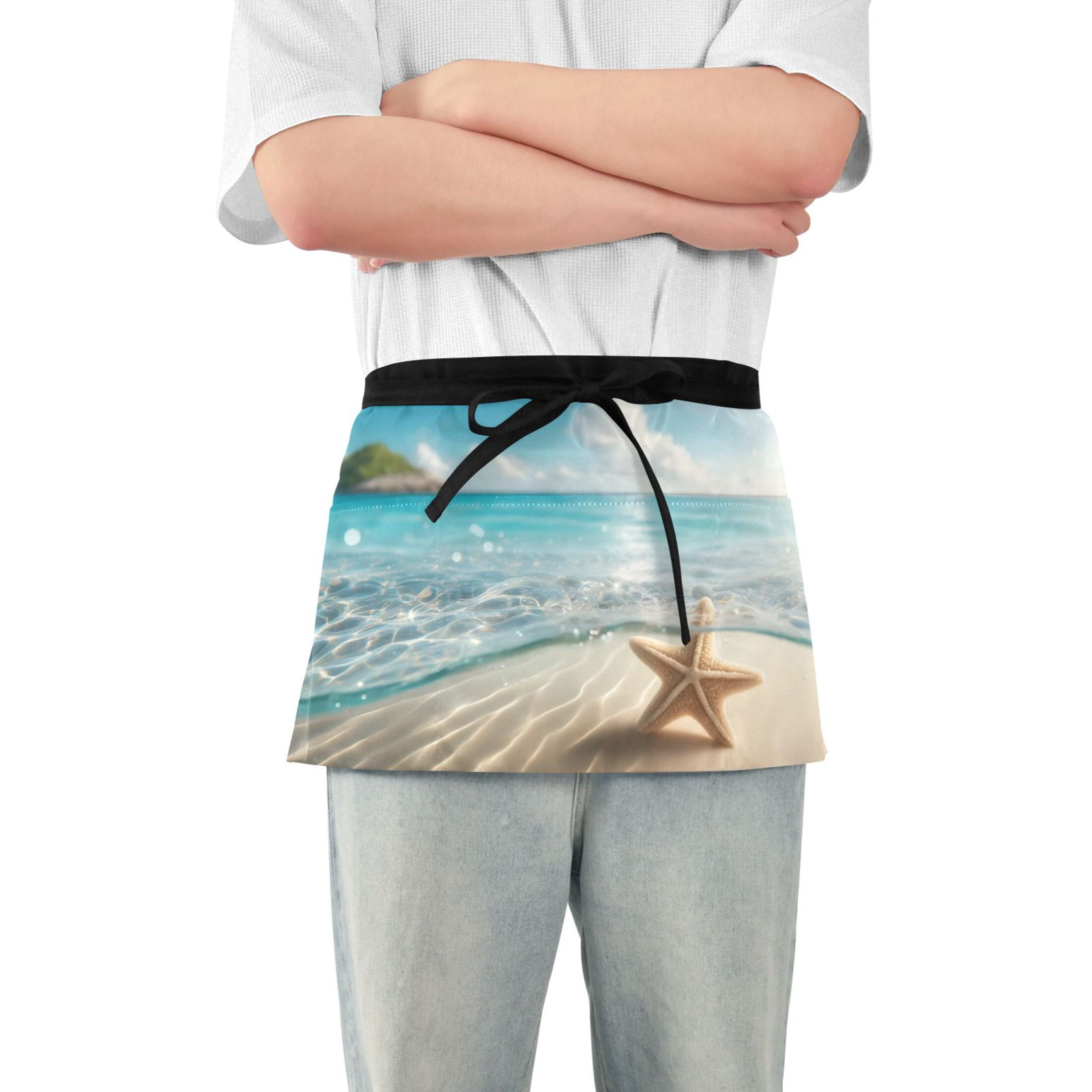 Starfish on Sand Beach Server Apron with 3 Pockets Waterproof Waitress ...