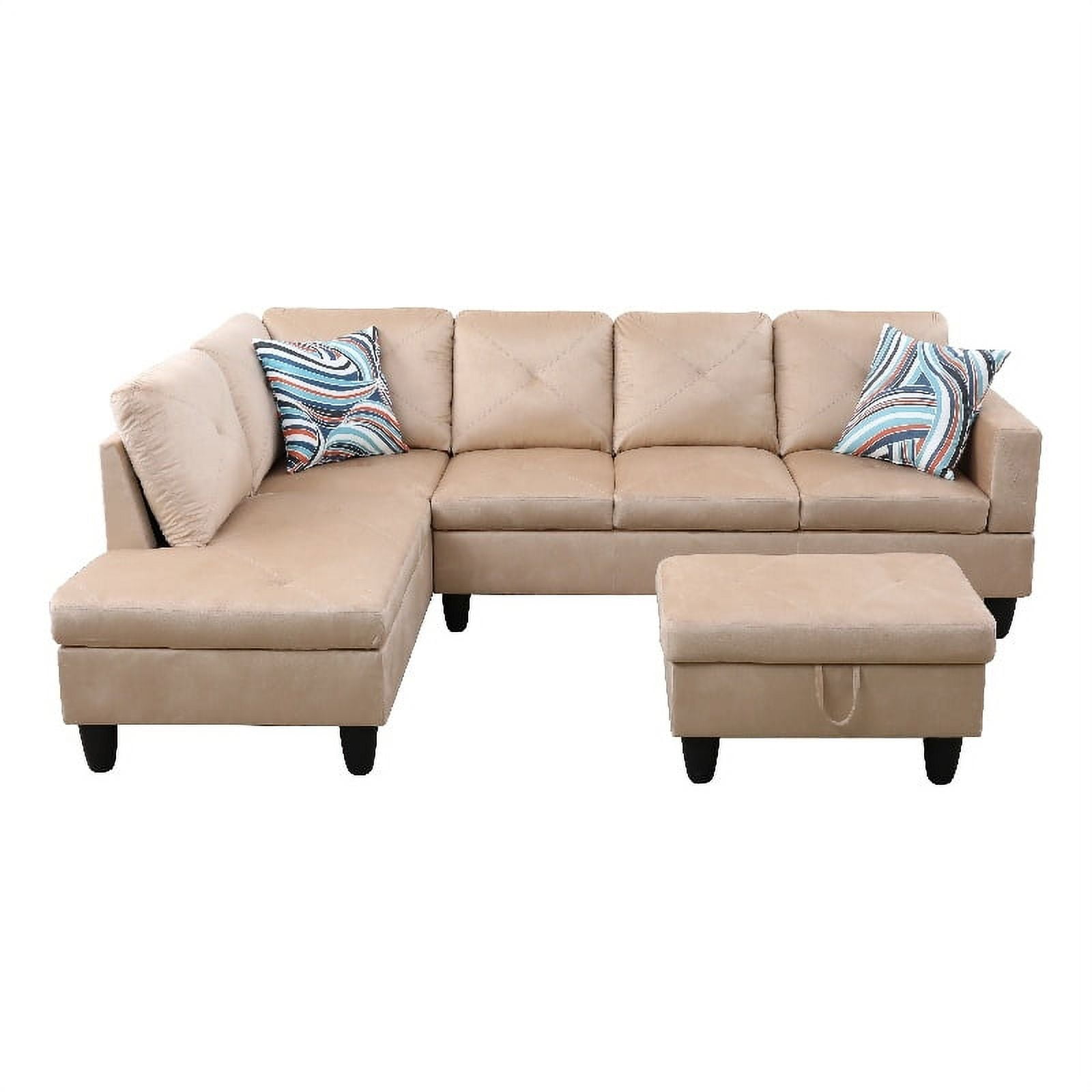 Starhome L Shaped Beige Couch with Ottoman(Pillows Included) Microfiber ...