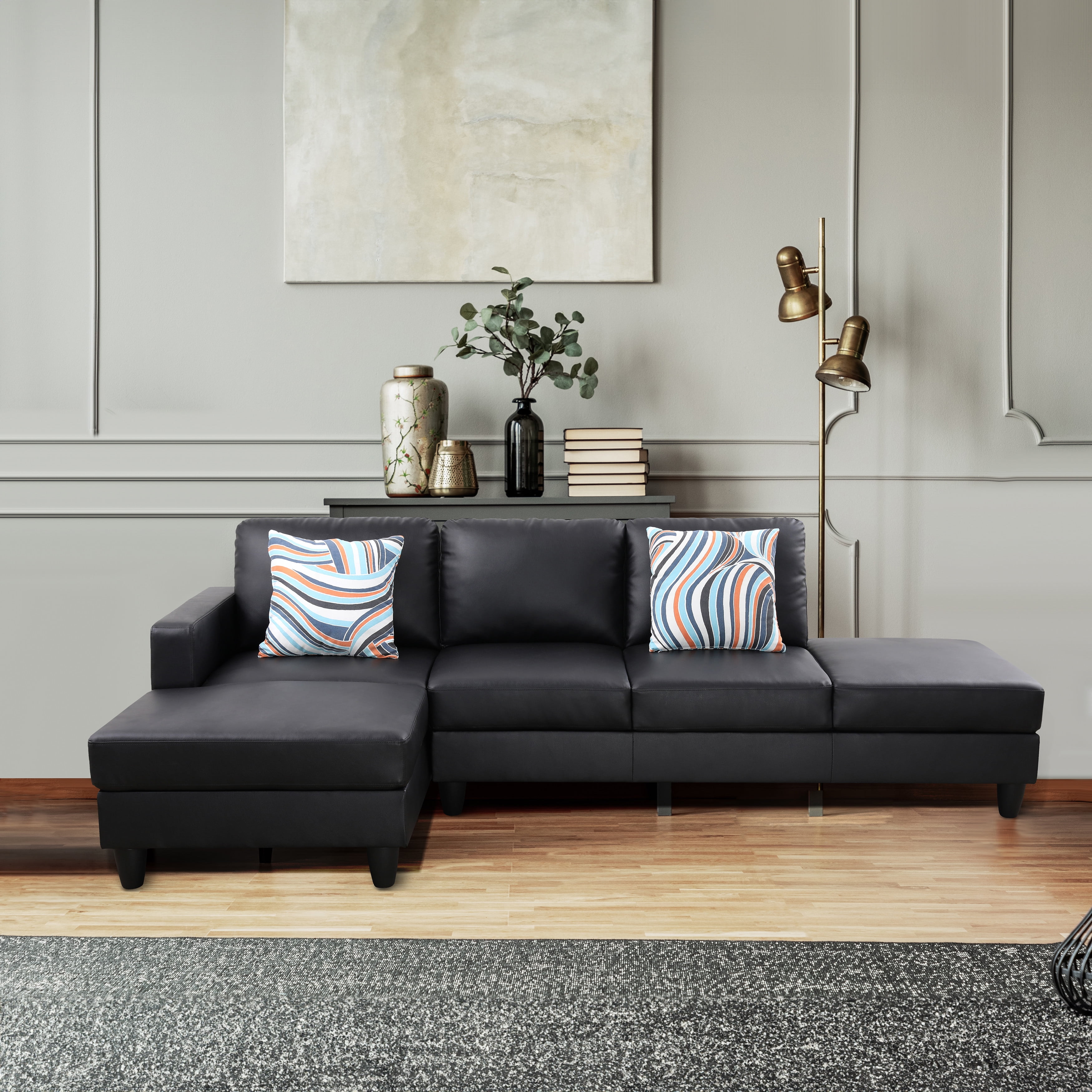 Starhome L Shaped Black Faux Leather 2-Piece Couch Living Room Sofa Set ...