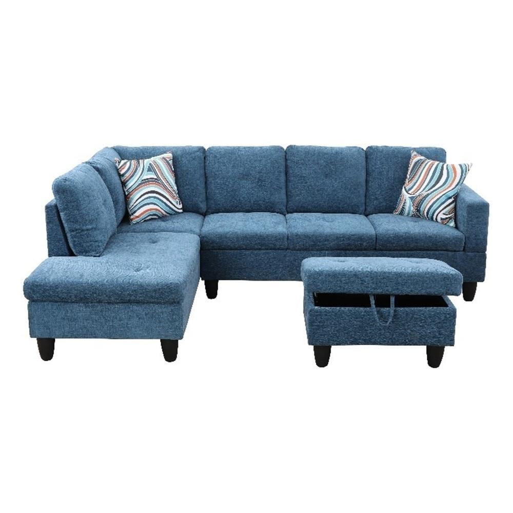 Starhome L Shaped Blue Couch with Ottoman(Pillows Included) Microfiber ...