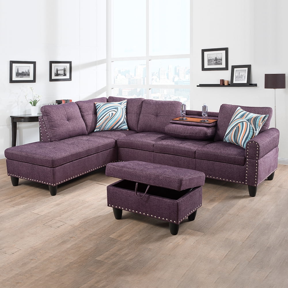 Starhome Linen Sectional Sofa, 6 Seats Sleeper Couch with Reversible ...