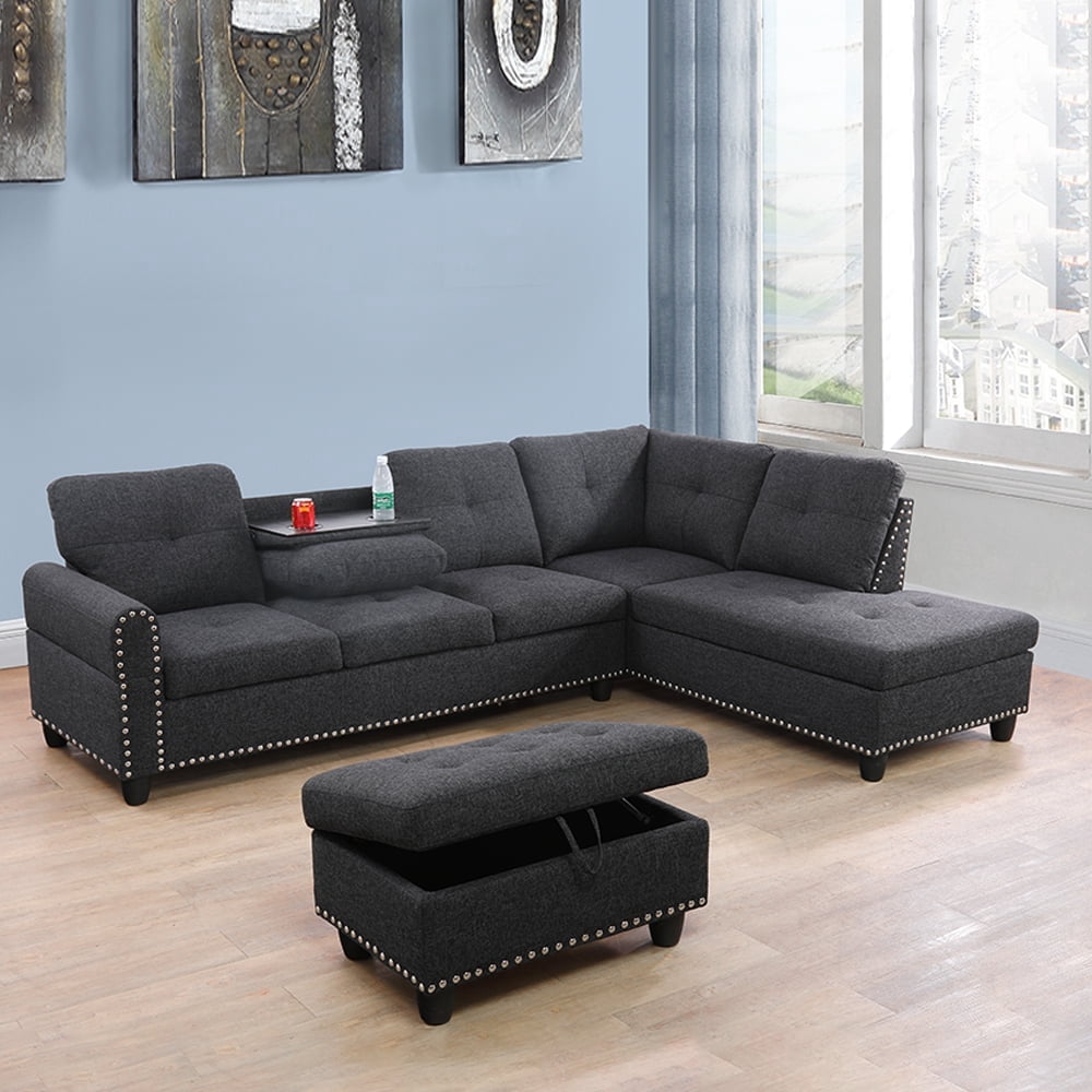 Starhome Linen Sectional Sofa, 6 Seats Sleeper Couch with Reversible ...