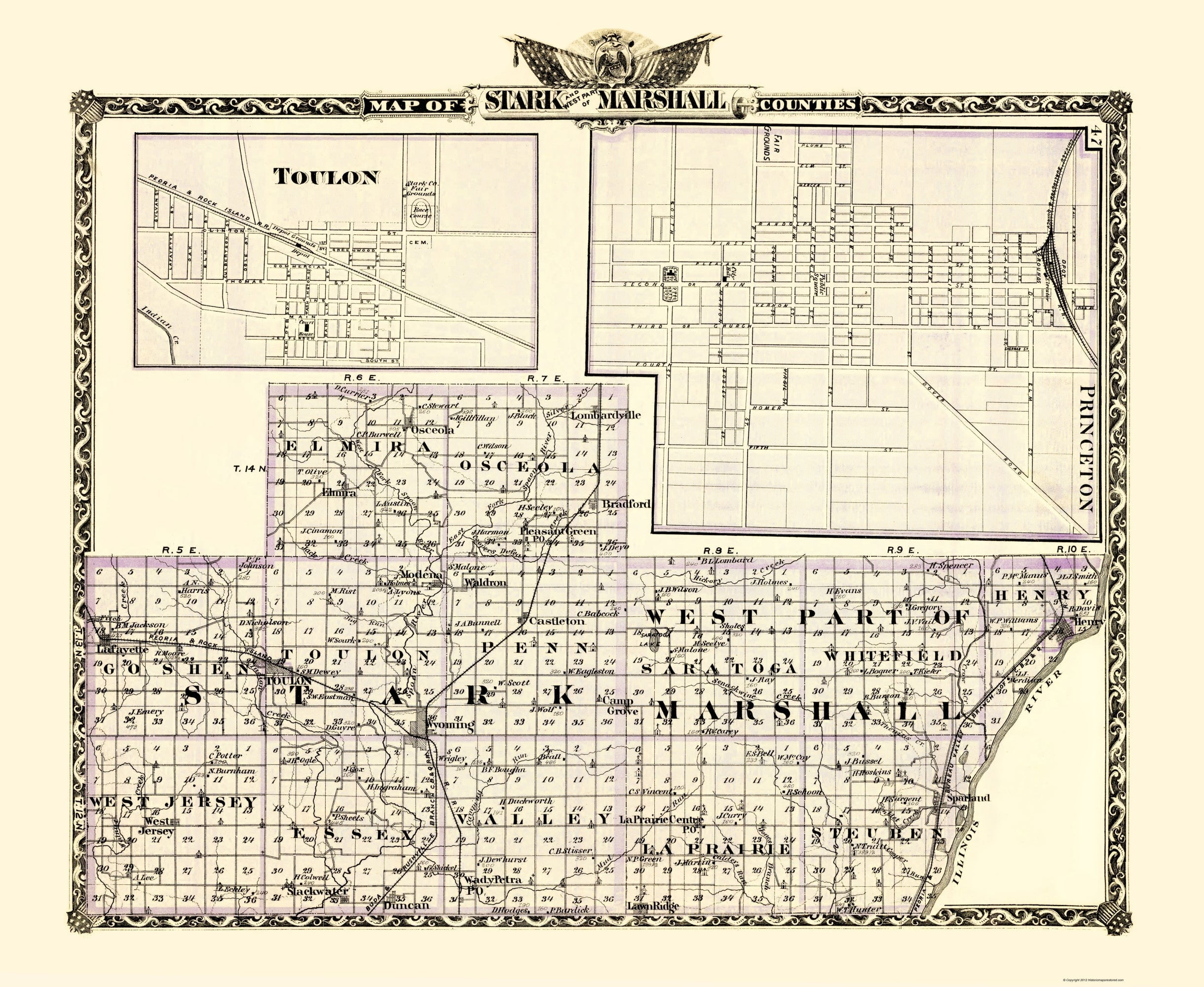 Historic County Map - Stark Marshall Counties Illinois - Warner 1870 ...