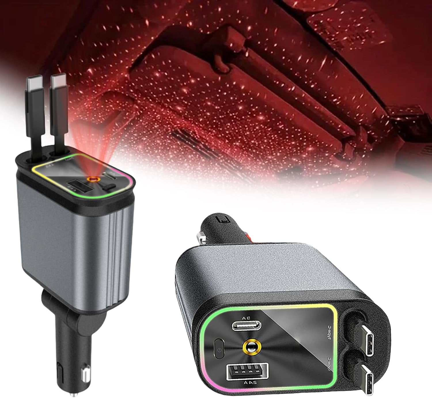 Starlight 4 in 1 Retractable Car Charger - Dual Cable USB Charger for ...