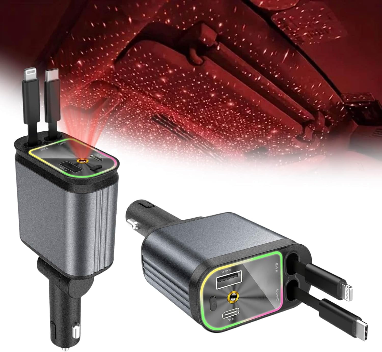 Starlight 4 in 1 Retractable Car Charger - Dual Cable USB Charger for ...