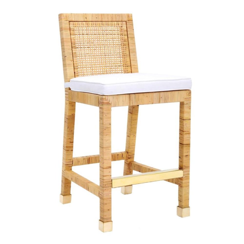 Rattan Counter Stool With White Fabric Seat And Light Wood Framed Back ...