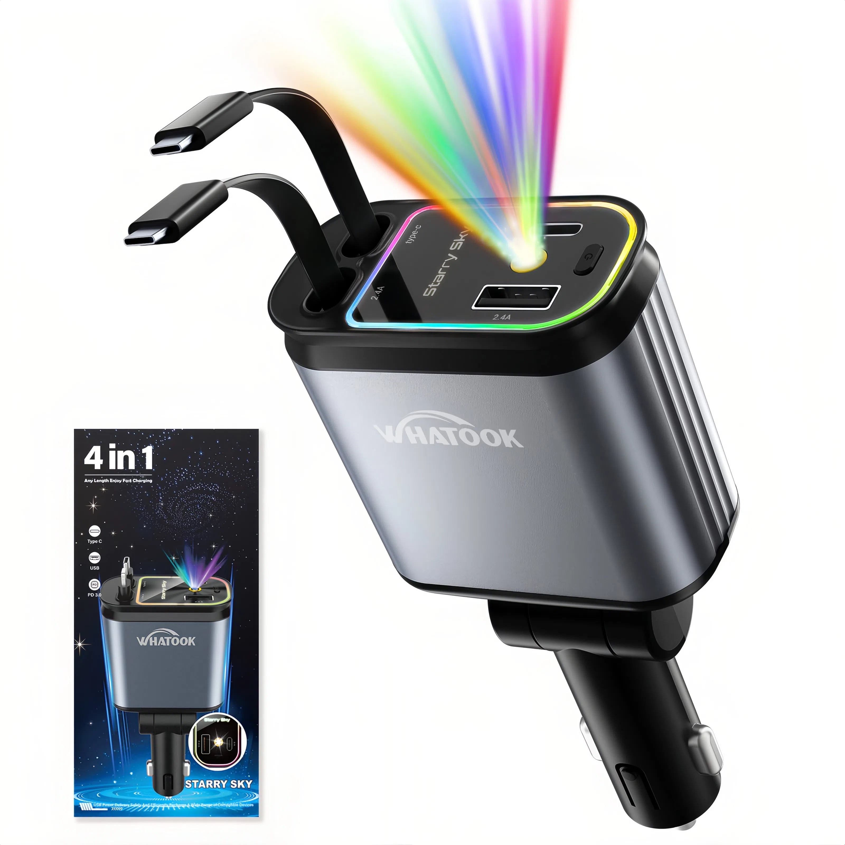 Teblint 4 in 1 Retractable Car Charger with Starlight, 66W Dual Type-C ...
