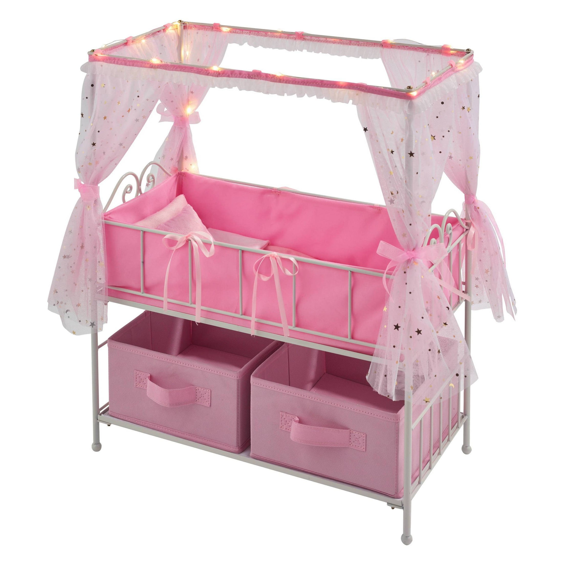 Starlights Metal Doll Crib with Canopy Bedding Storage and LED Lights ...