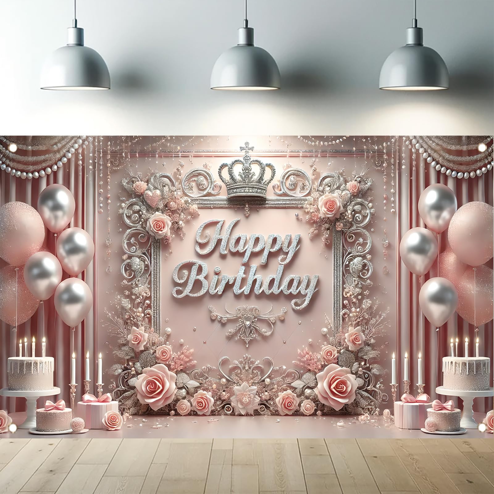 Starlit Patio Elegant Pink OIF8 Happy Birthday Banner Backdrop Princess ...