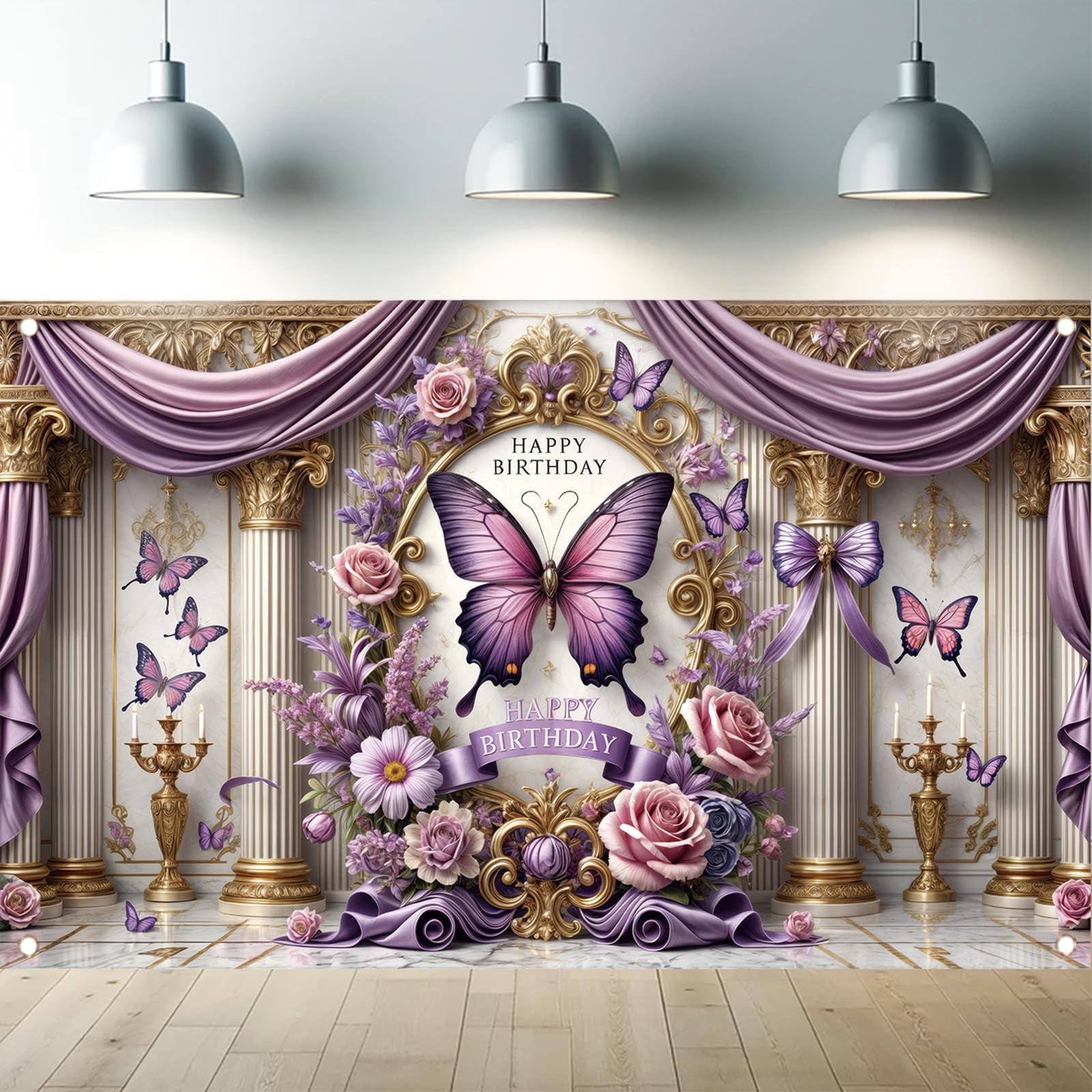 Starlit Patio Floral Birthday Backdrop Banner SMRfor Girls - Spring Butterfly Happy Birthday ...