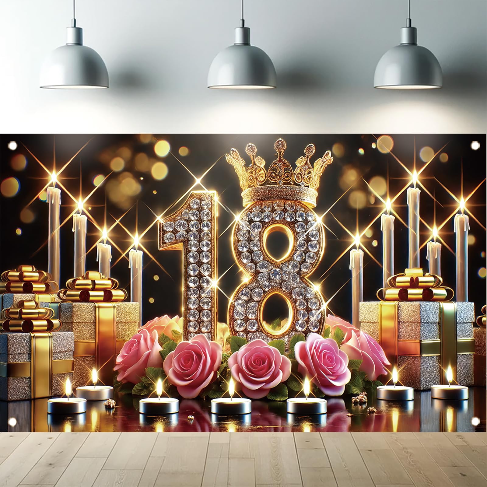 Starlit Patio Happy 18th Birthday Backdrop AFN1Banner 18th Birthday Decorations for Girls ...