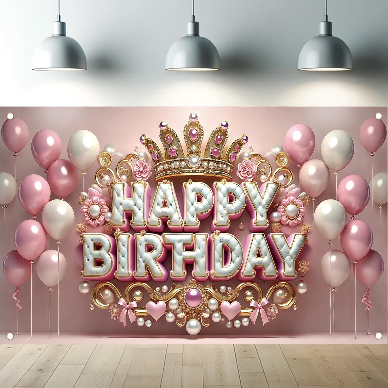 Starlit Patio Princess Happy Birthday Banner Backdrop H2FSDPink Gold ...