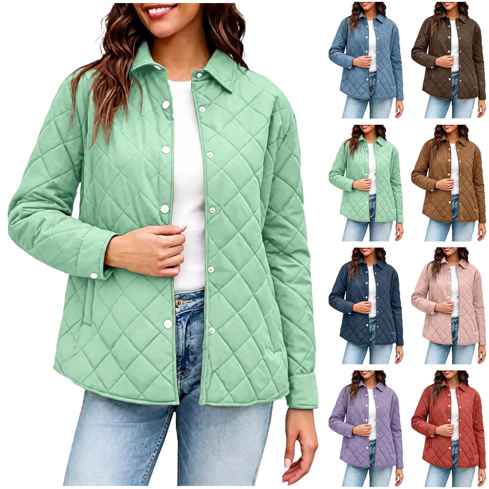 Staron Plus Size Quilted Shacket Women Button Down Collared Long Sleeve ...