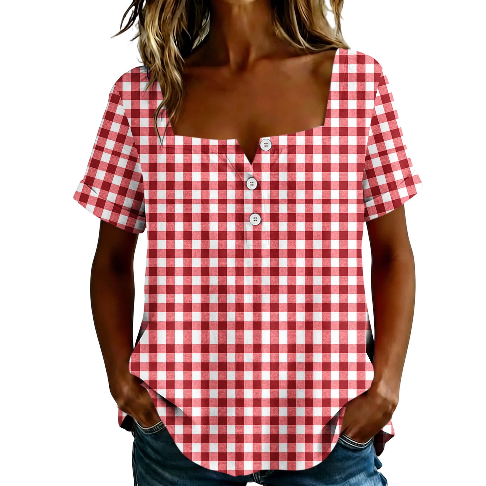Staron Women Button Curved Hem Square Neck Short Sleeve Plaid Casual ...