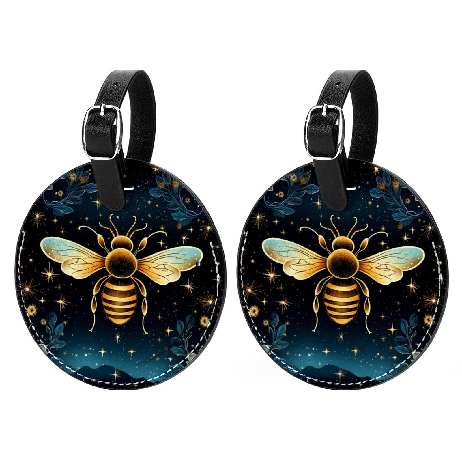 Starry Bees in the Sky 2Pcs PU Leather Round Luggage Tags with Privacy ...