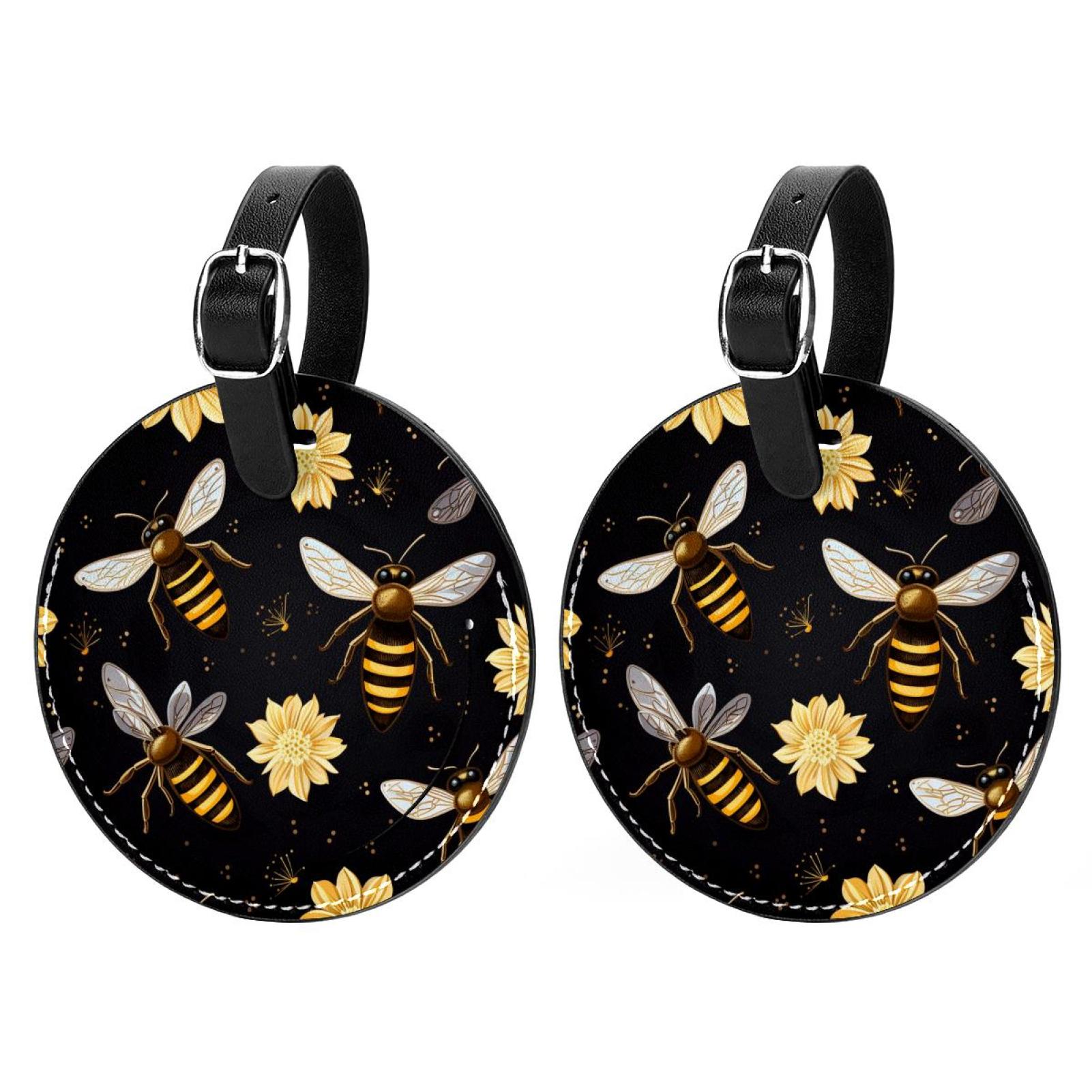 Starry Bees in the Sky 2Pcs PU Leather Round Luggage Tags with Privacy ...