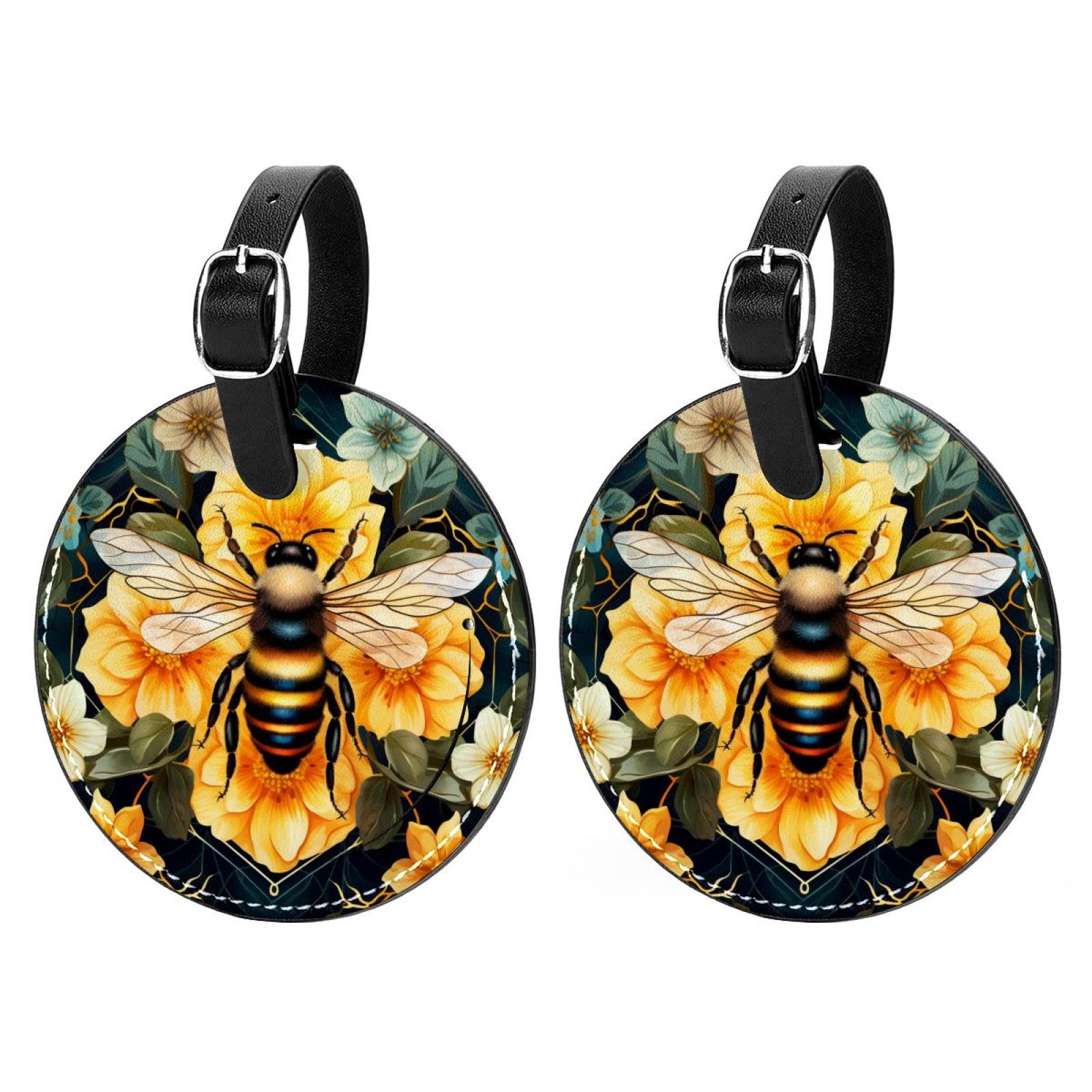 Starry Bees in the Sky 2Pcs PU Leather Round Luggage Tags with Privacy ...