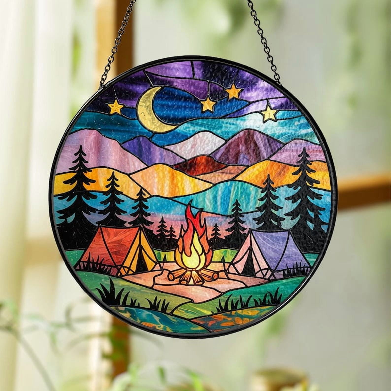 Starry Camp Fire Stained Glass Suncatcher, Our Adventure Begins Window ...