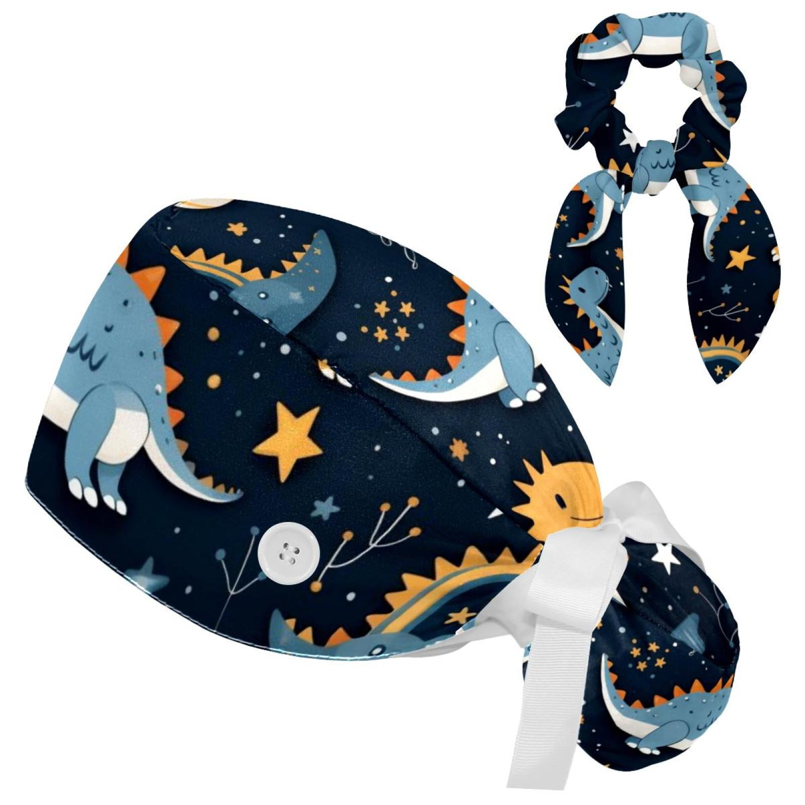 Starry Dinosaur Surgical Cap with Buttons/ Bow Hair Scrunchy for Long ...