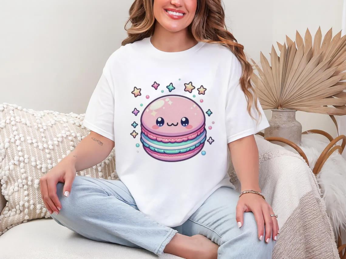 Starry-Eyed Macaron Cute Dessert Illustration Whimsical Fun T-shirt ...