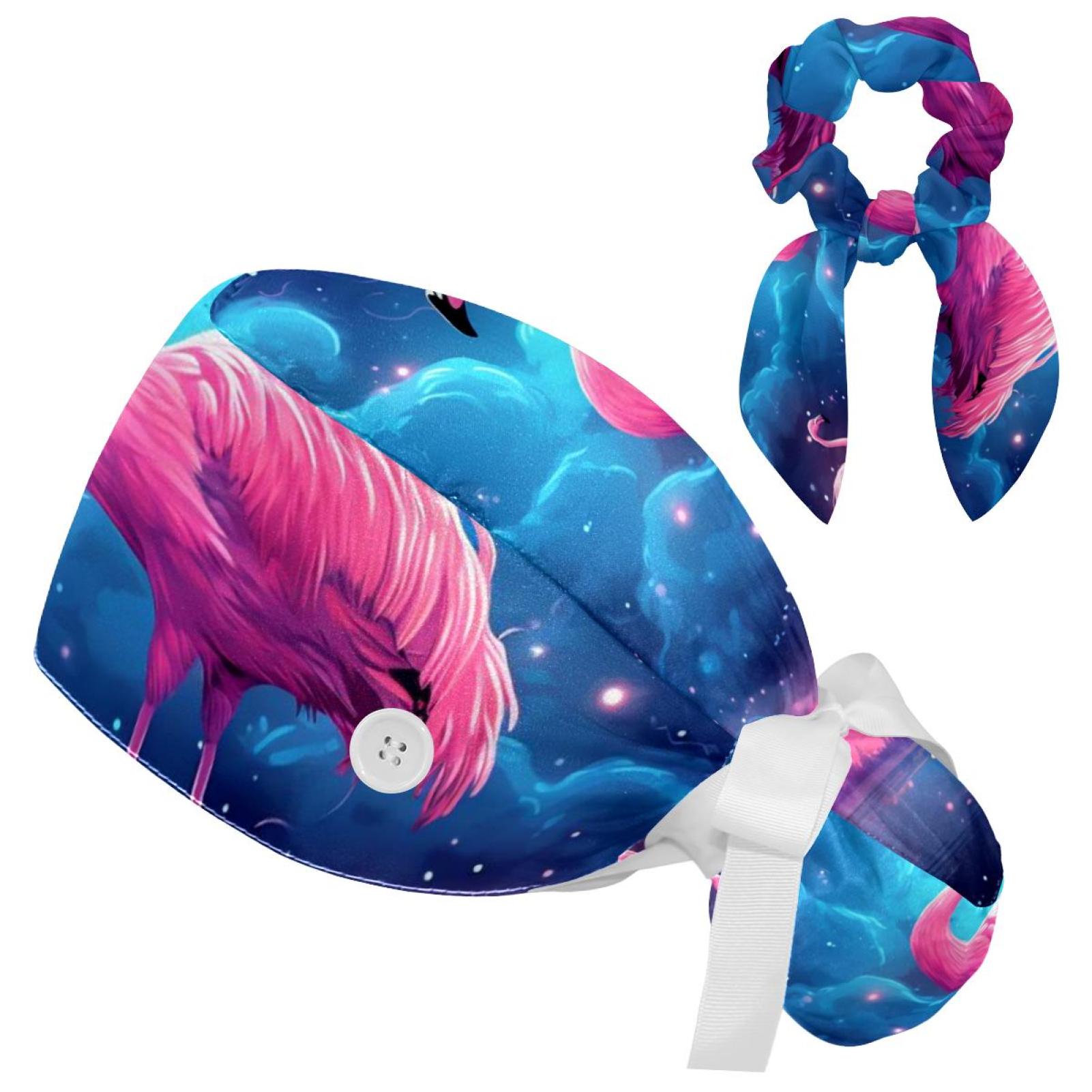 Starry Flamingos Scrub Cap with Scrunchy and Buttons for Long Hair ...