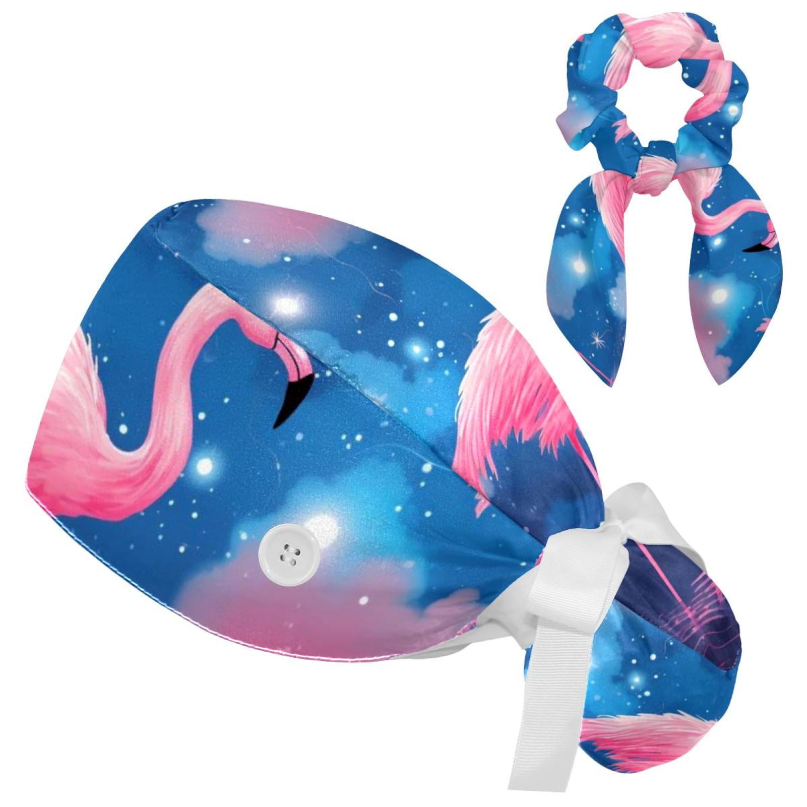 Starry Flamingos Surgical Cap with Buttons/ Bow Hair Scrunchy for Long ...