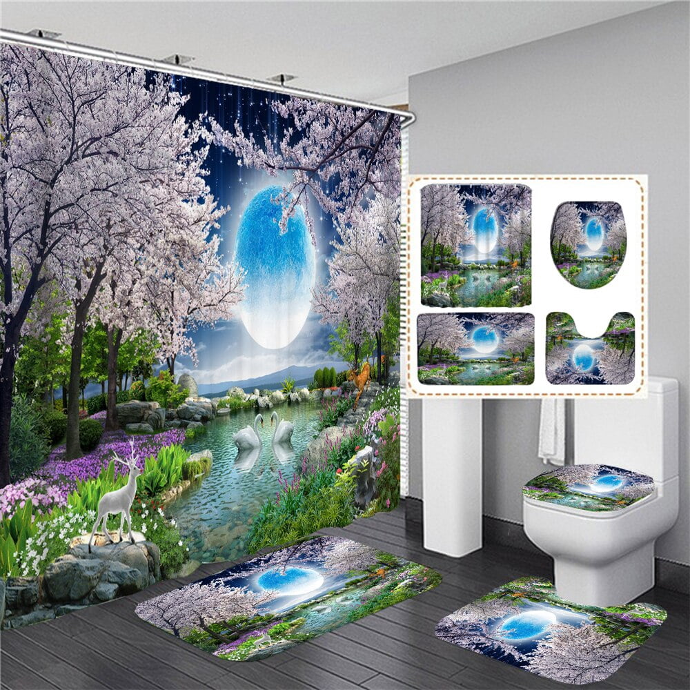Starry Flowers Forest Scery Shower Curtain Non-Slip Rug Bath Mat Carpet ...