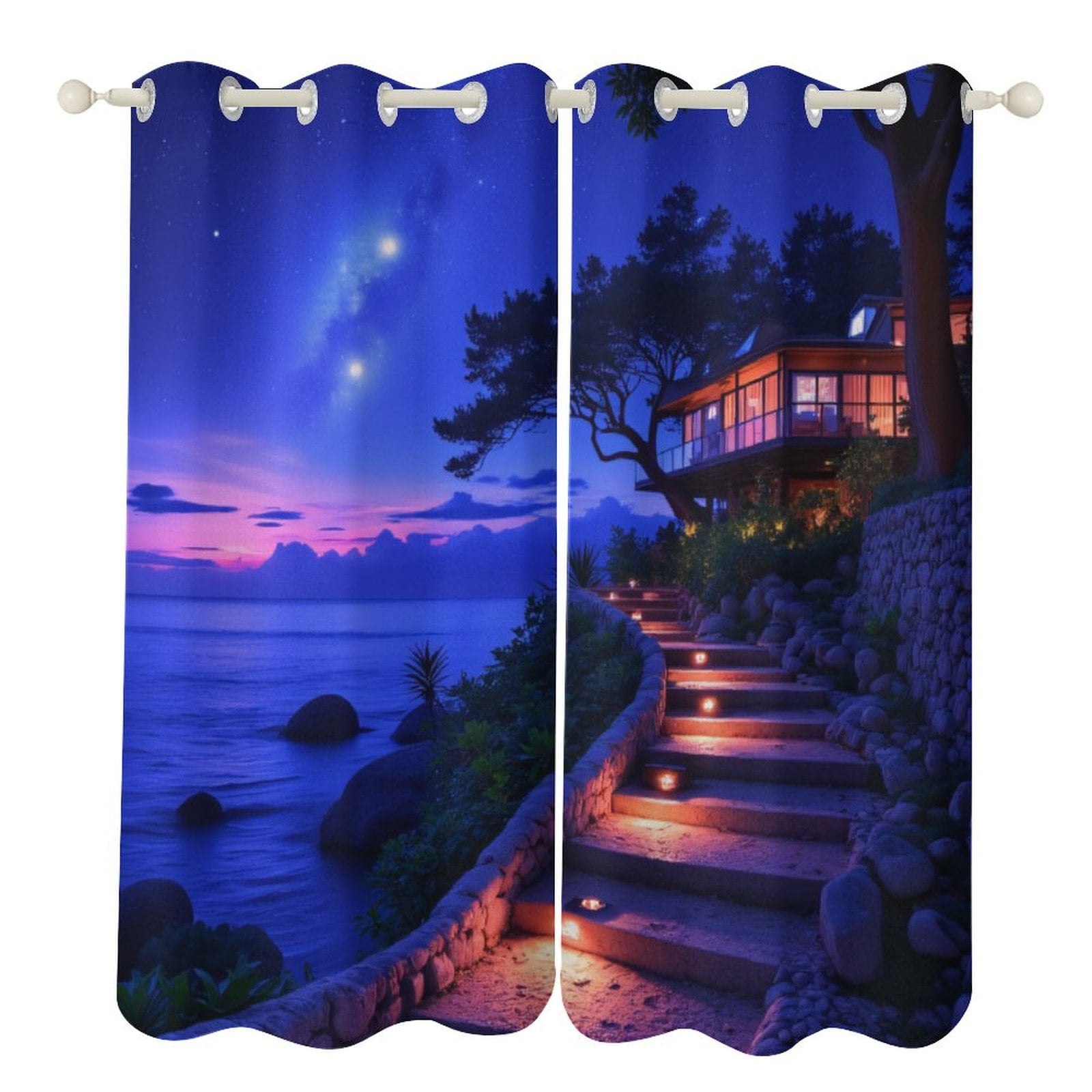 Starry Night Beach House Blackout Window Curtains for Bedroom Living ...