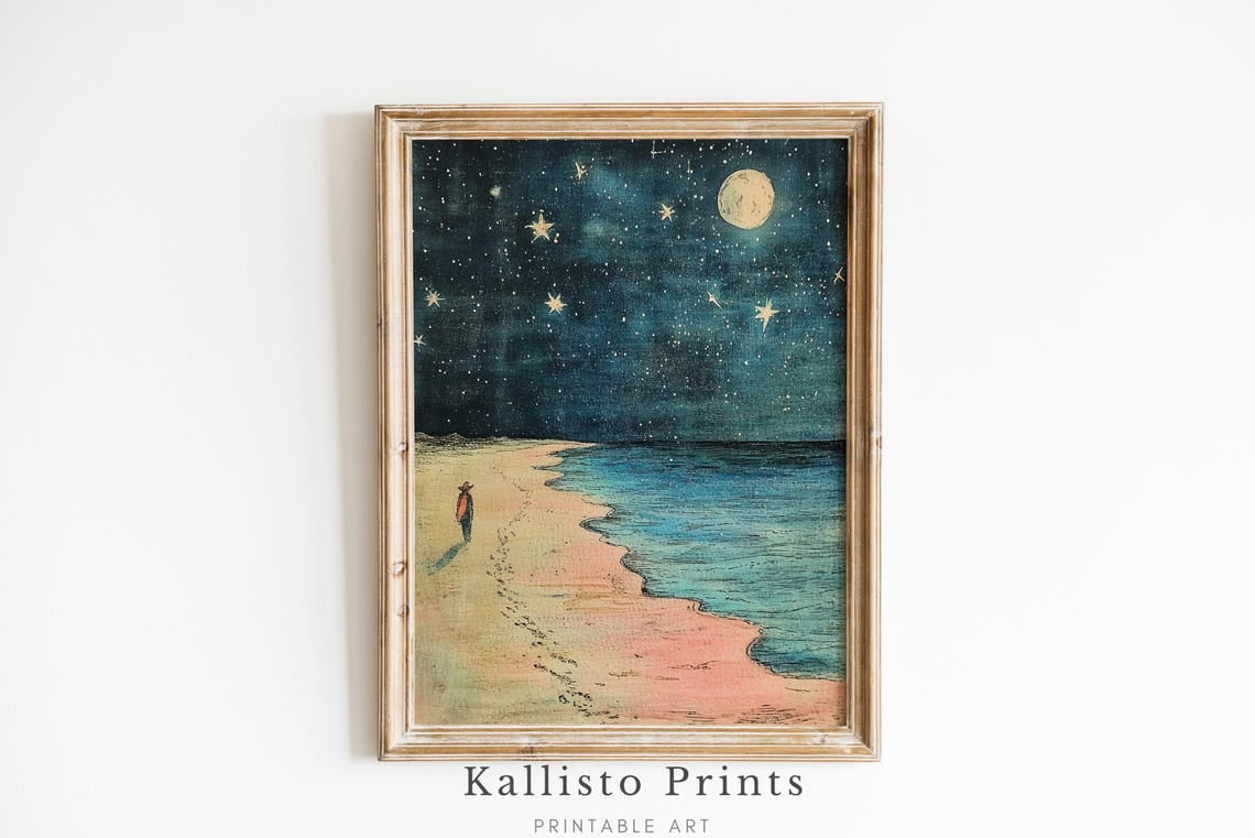 Starry Night Beach Poster Moonlit Shoreline Scene Table Decor 521, Size ...