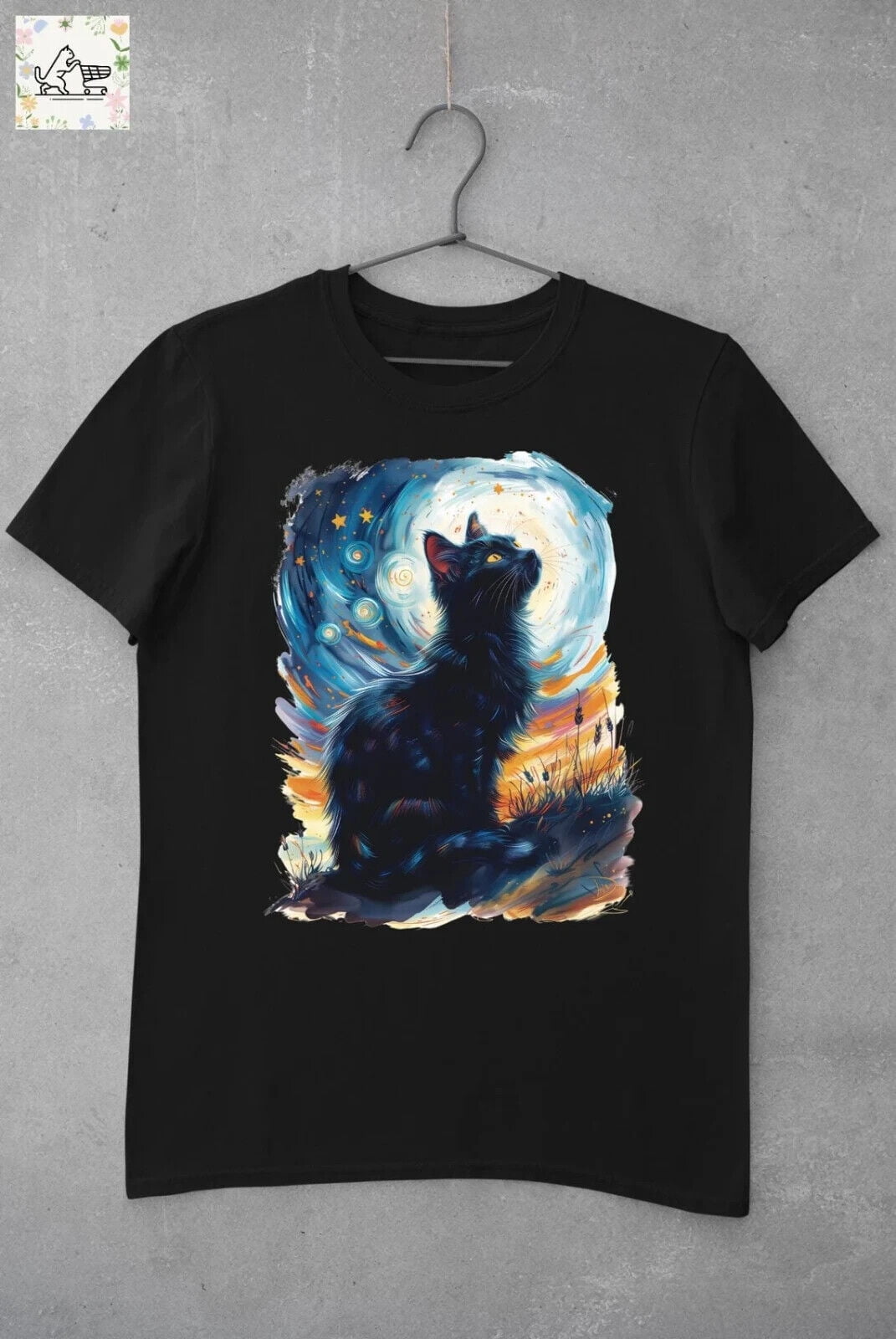 Starry Night Black Cat T-Shirt Van Gogh Art Graphic Tee Cat Mom Shirt ...