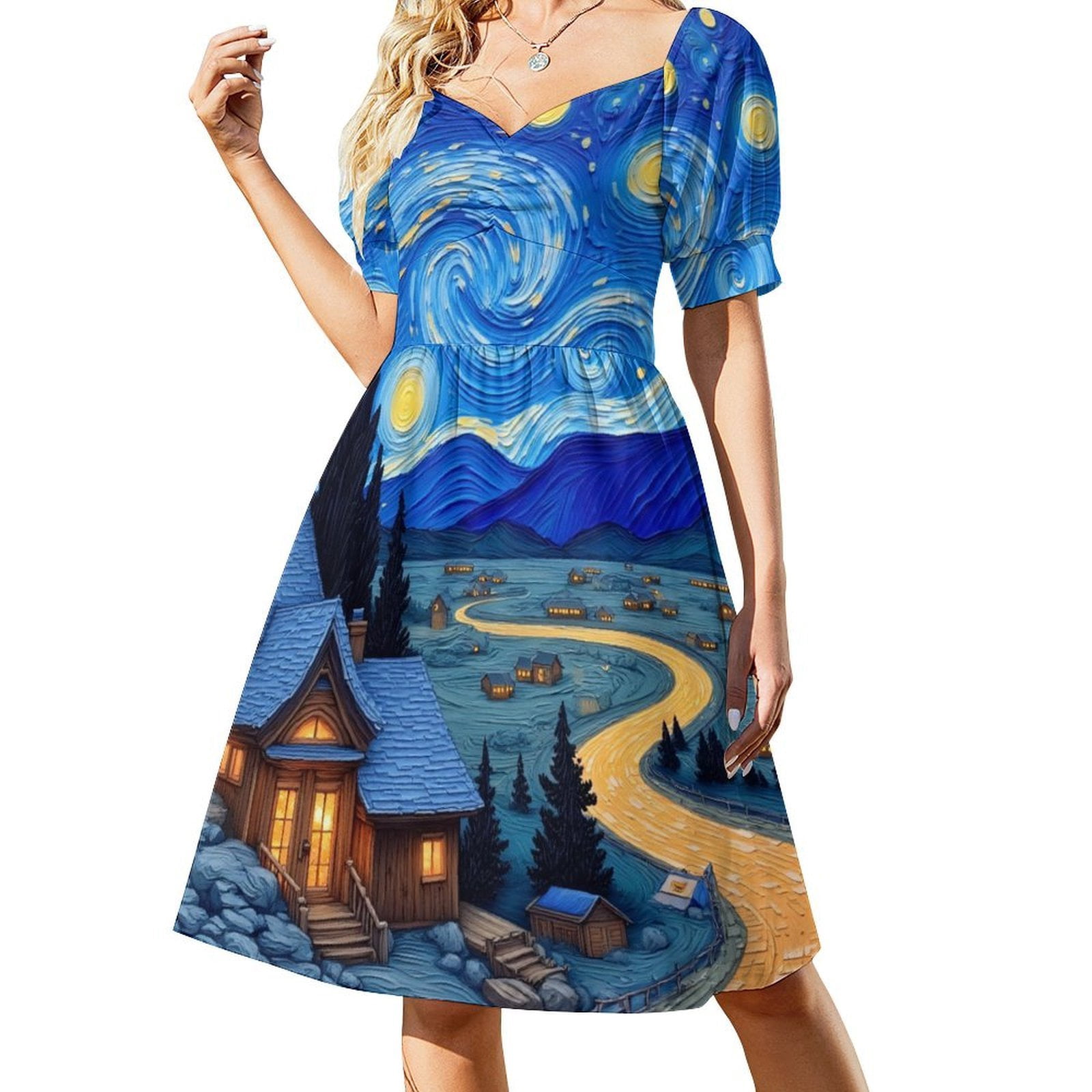 Starry Night Cabin Scene Summer Women's Dress 2025 Elegant Dresses Plus ...