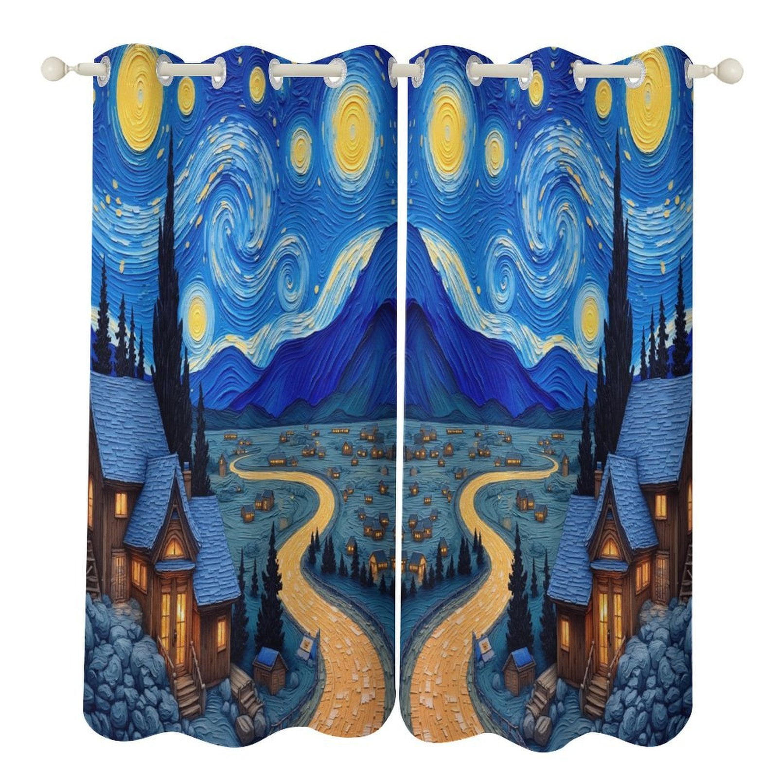 Starry Night Cabin Scene Window Blackout Curtain 3d Printed Curtain ...