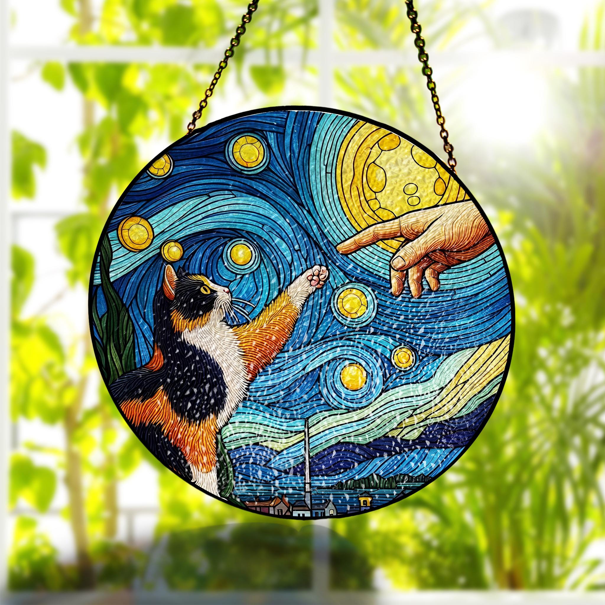 Starry Night Calico cat touching hand glass hanging, cat glass ...