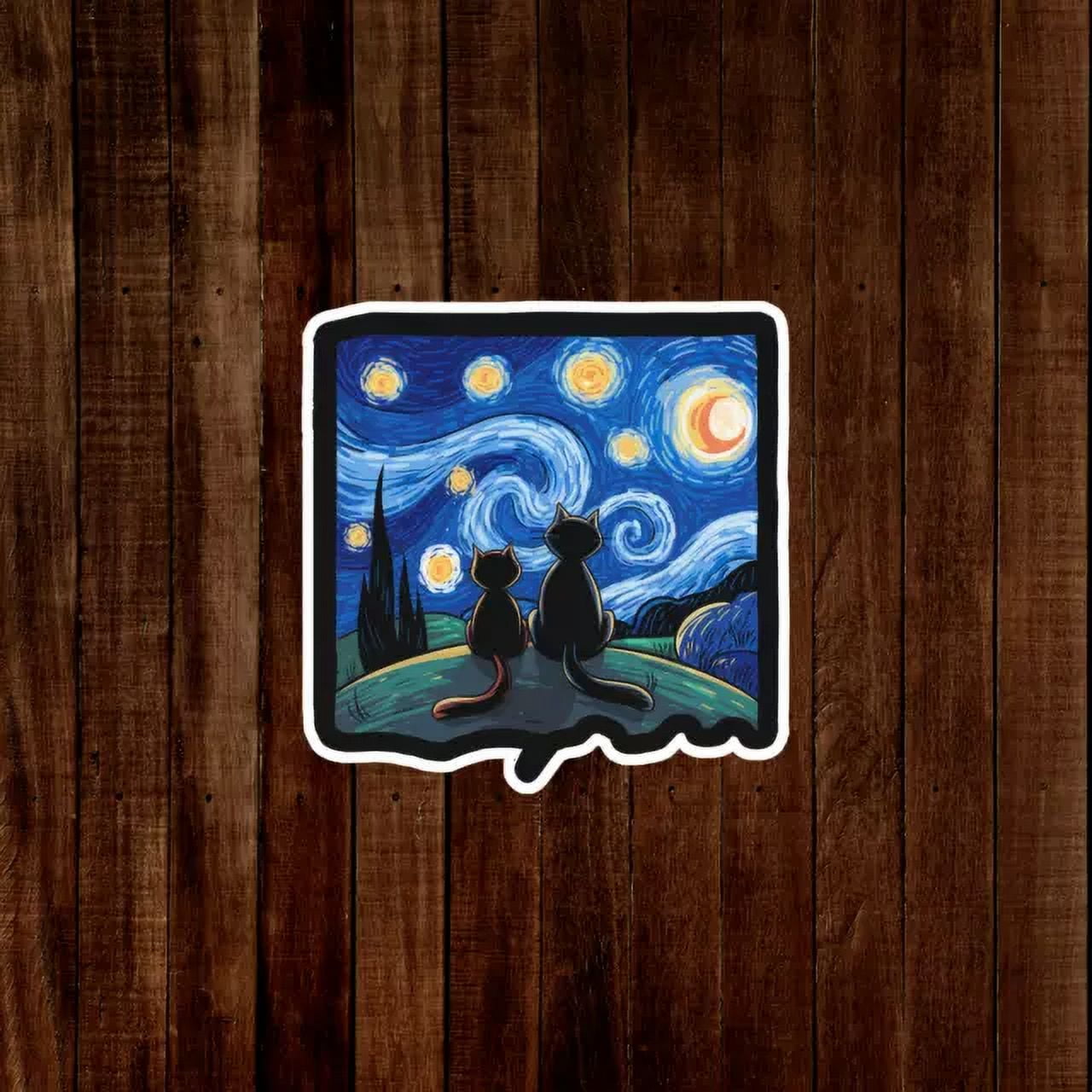 Starry Night Cats Art Sticker - Van Gogh Inspired Feline Fantasy ...