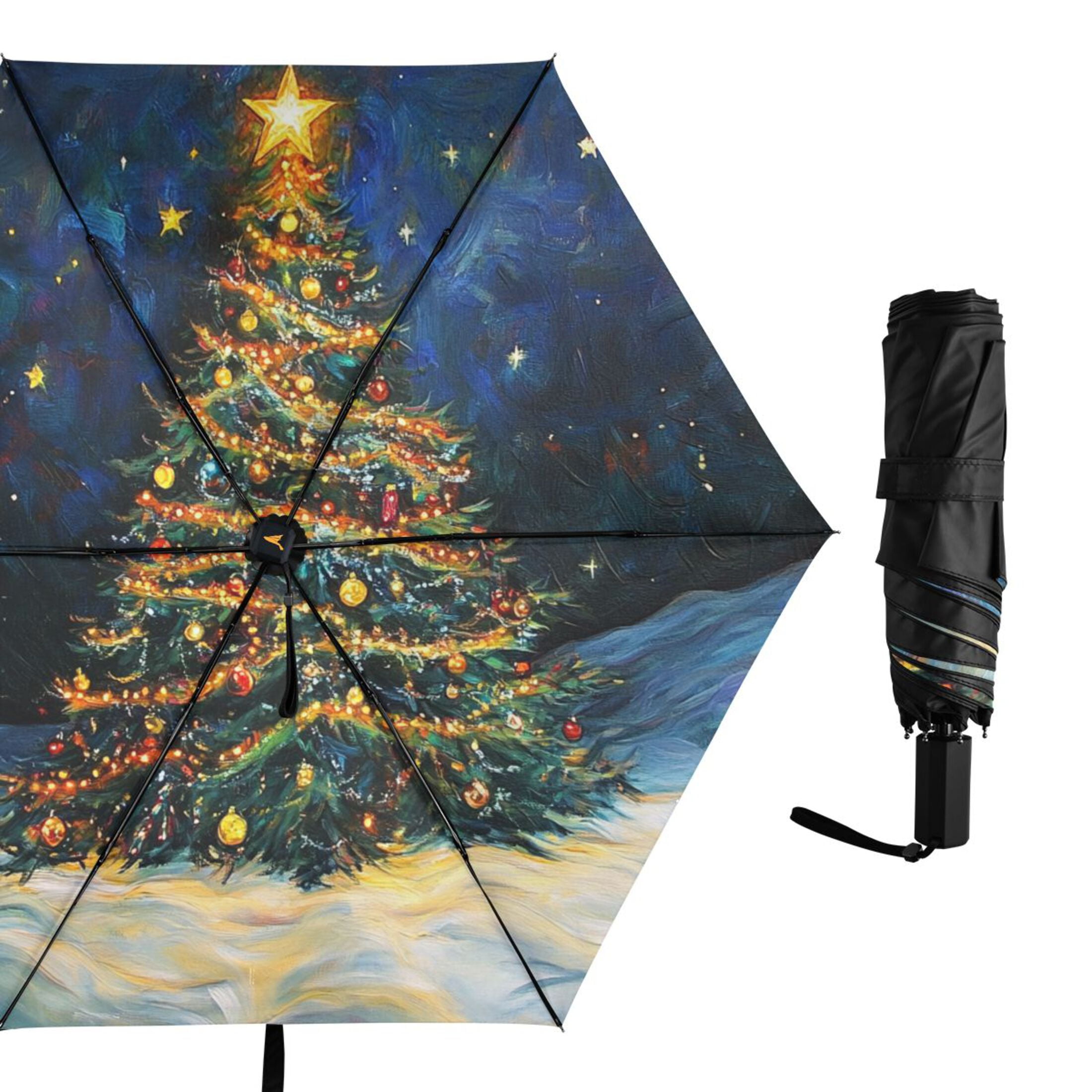 Starry Night Christmas Tree Triple Folding Umbrella Parasol 6 Ribs UV ...