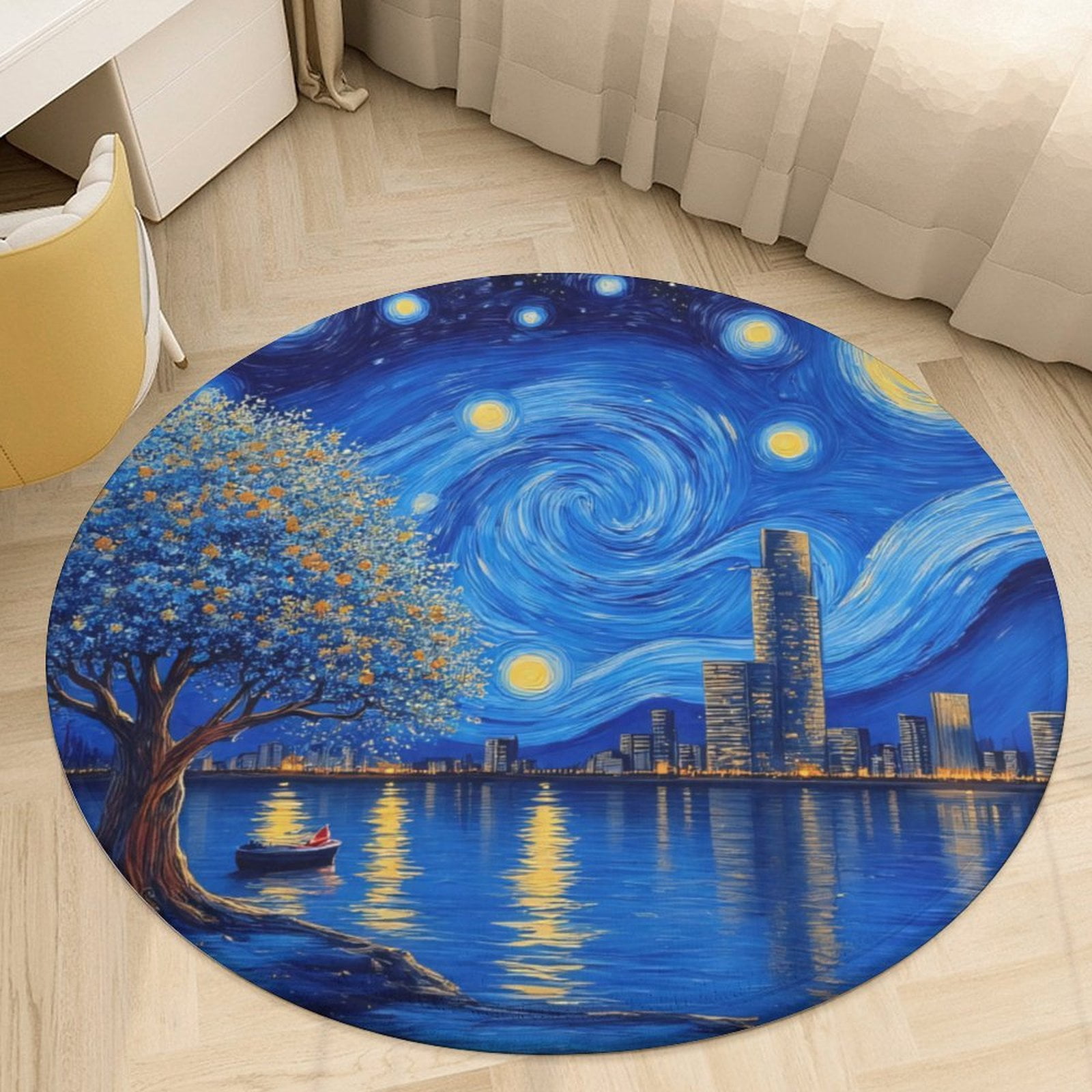Starry Night Cityscape Canvas Round Area Rugs for Bedroom Living Room ...