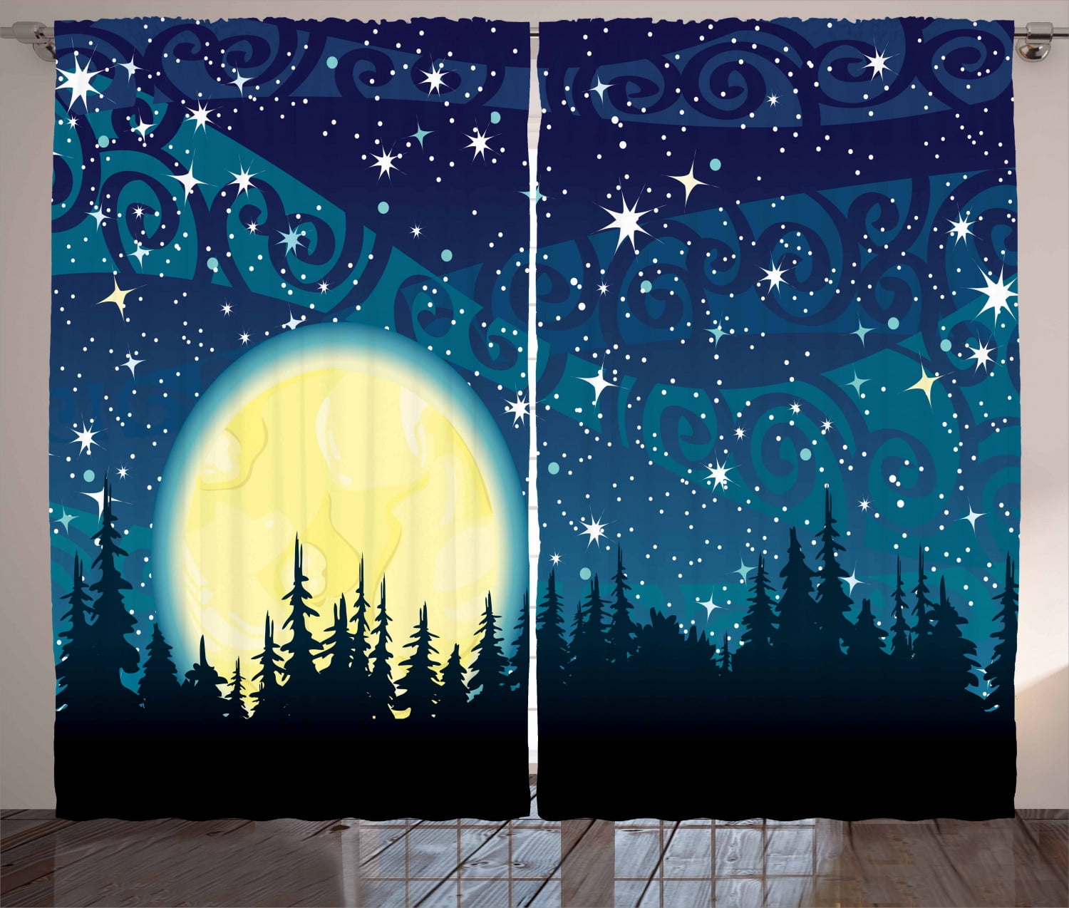Ambesonne Starry Night Curtains 2 Panel Set, Moon over Forest, 108" x ...